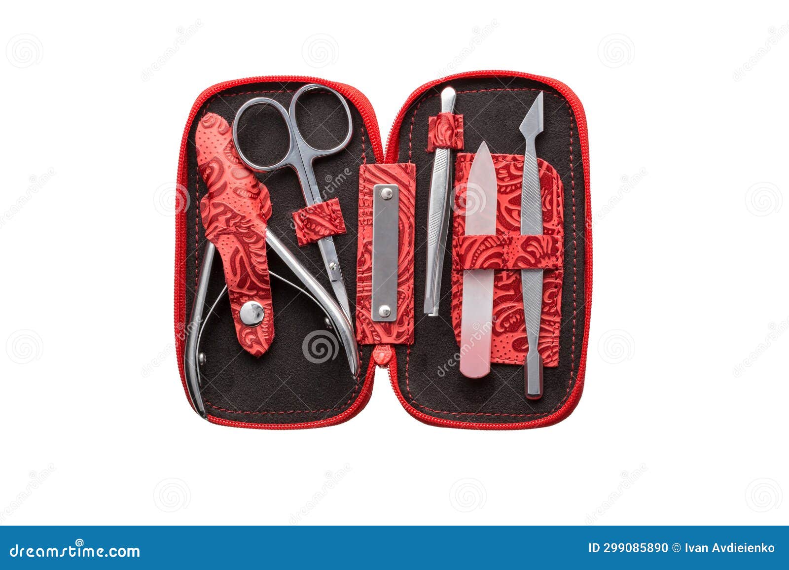 Set of Steel Manicure Instruments and Tools in Red Black Leather Case ...