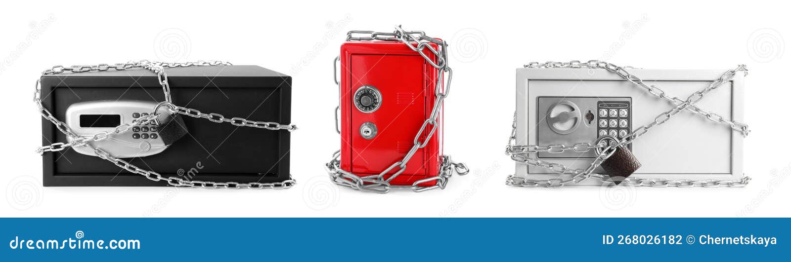 Set of Steel Safes with Chains and Locks on White Background Stock ...