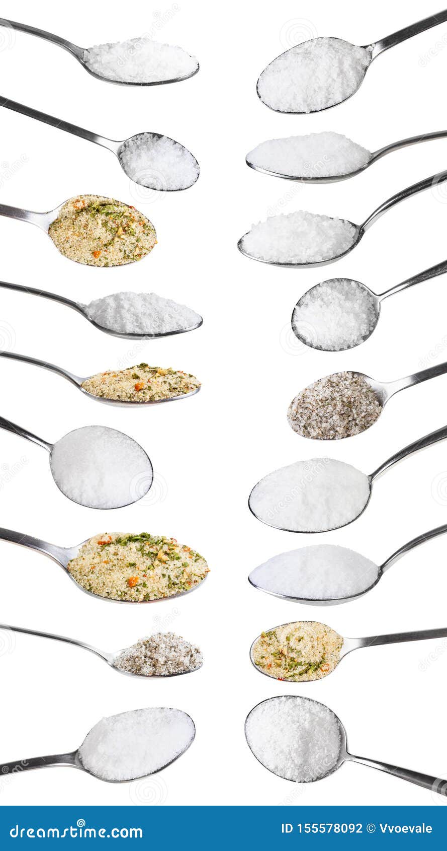 Set from Steel Spoons with Various Salts Isolated Stock Photo - Image ...