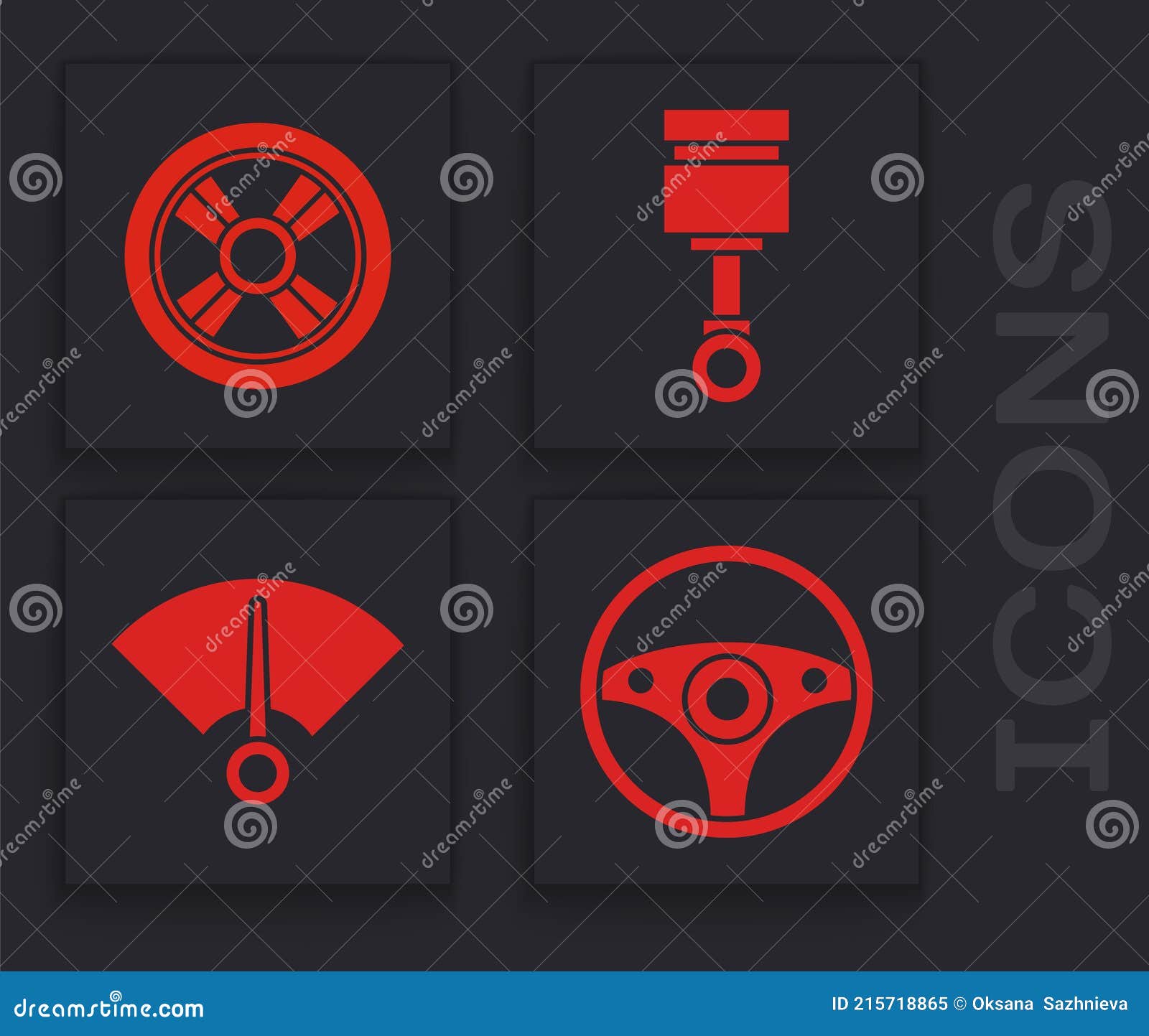 Set Steering Wheel, Car Wheel, Engine Piston and Speedometer Icon ...