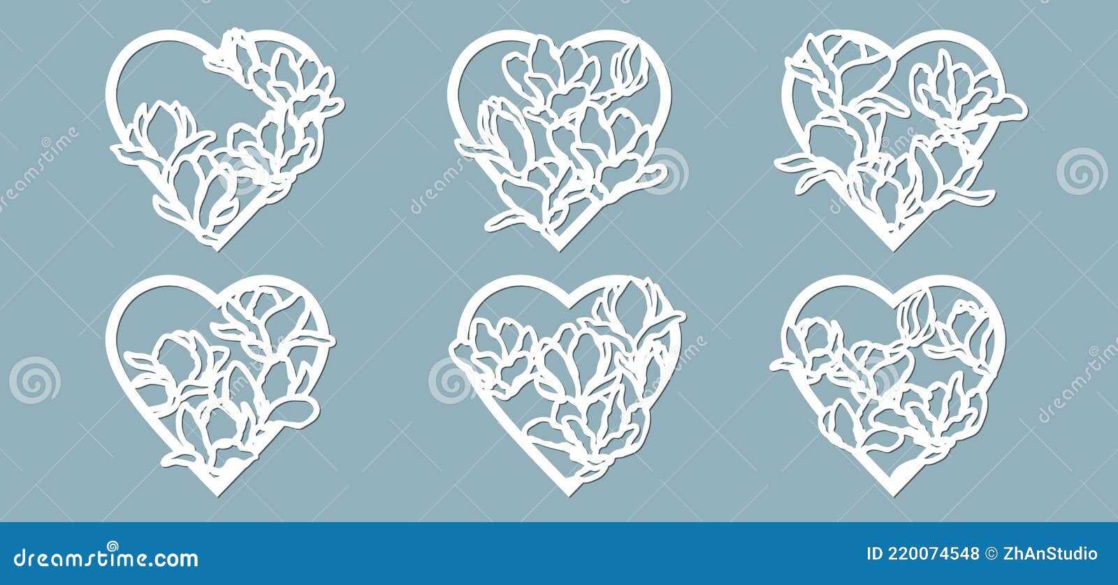 Set Stencil Hearts with Flower Magnolia. Template for Interior Design ...