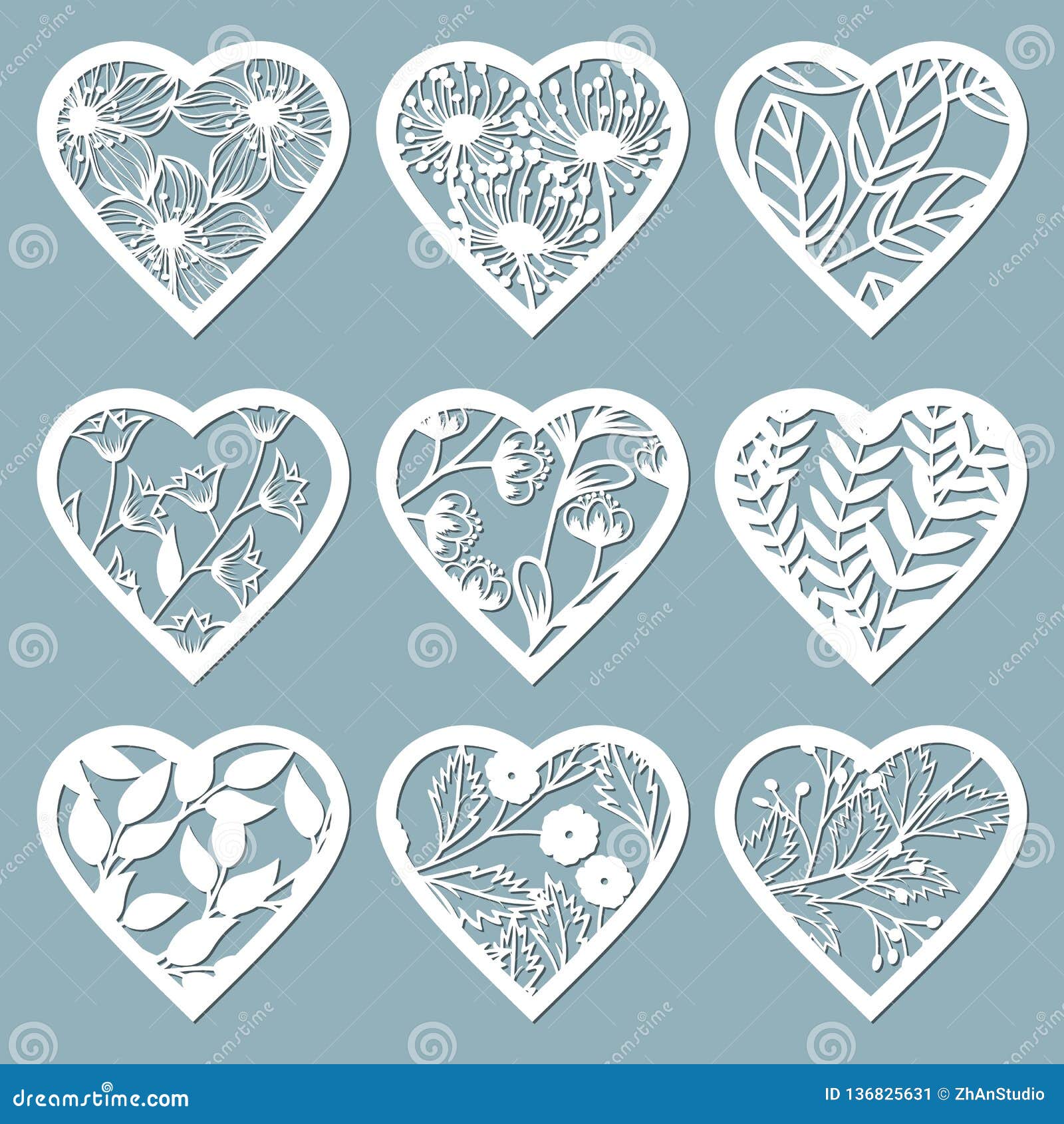 Set Stencil Hearts With Flower. Template For Interior Design ...