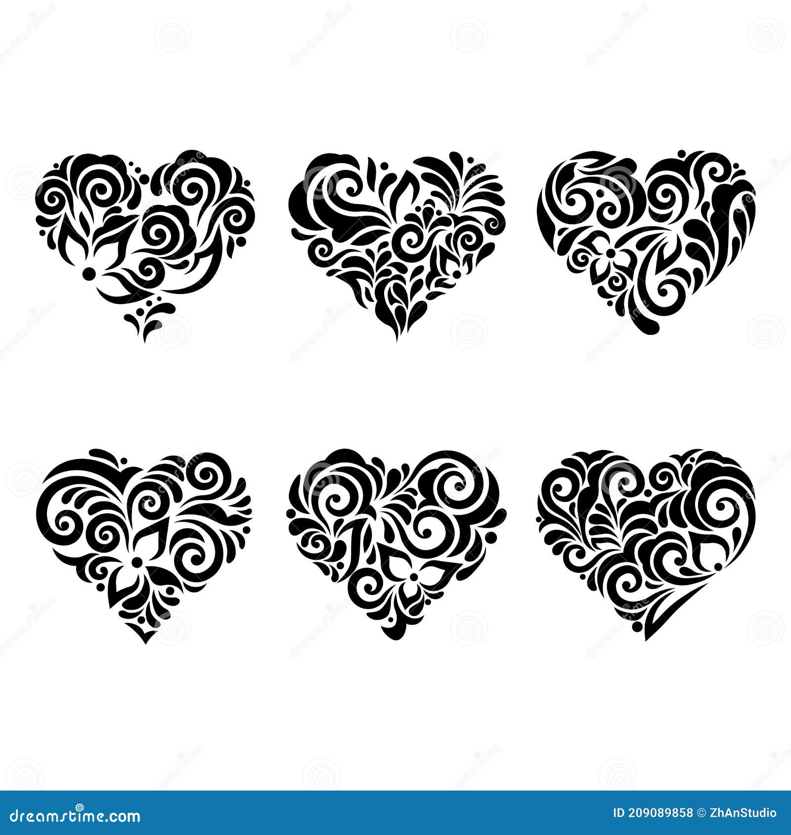 Set Stencil Hearts with Patterns of Leaves and Flowers. Template for ...