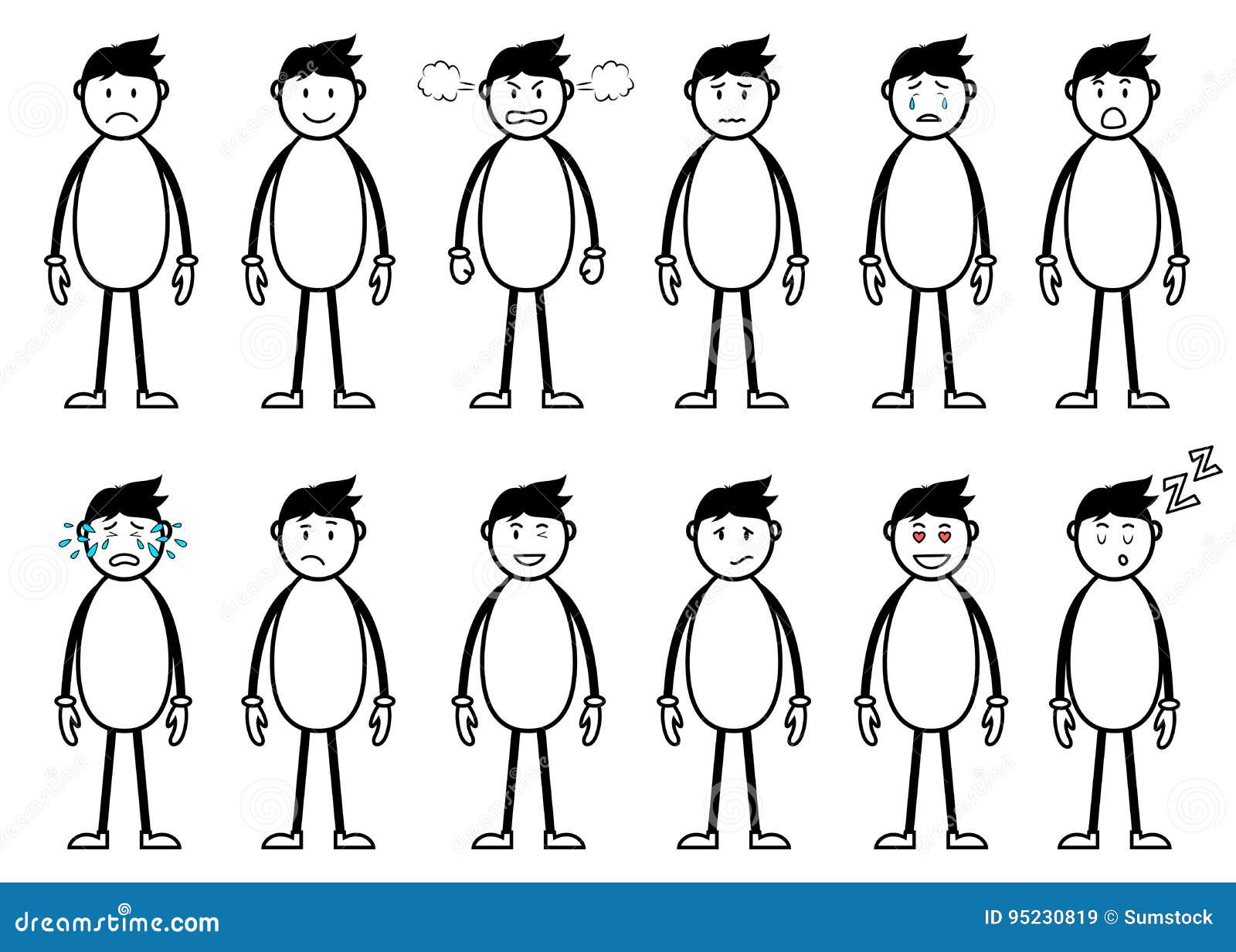 Set of Stick Men with Different Emotions Stock Vector - Illustration of ...