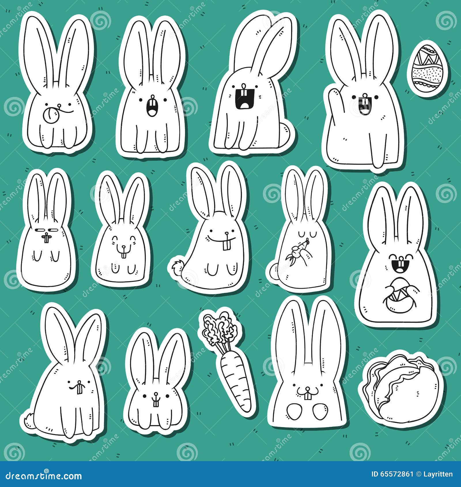 Set 12 Sticker Rabbit Doodle With Different Emotions. Rabbit Handmade ...
