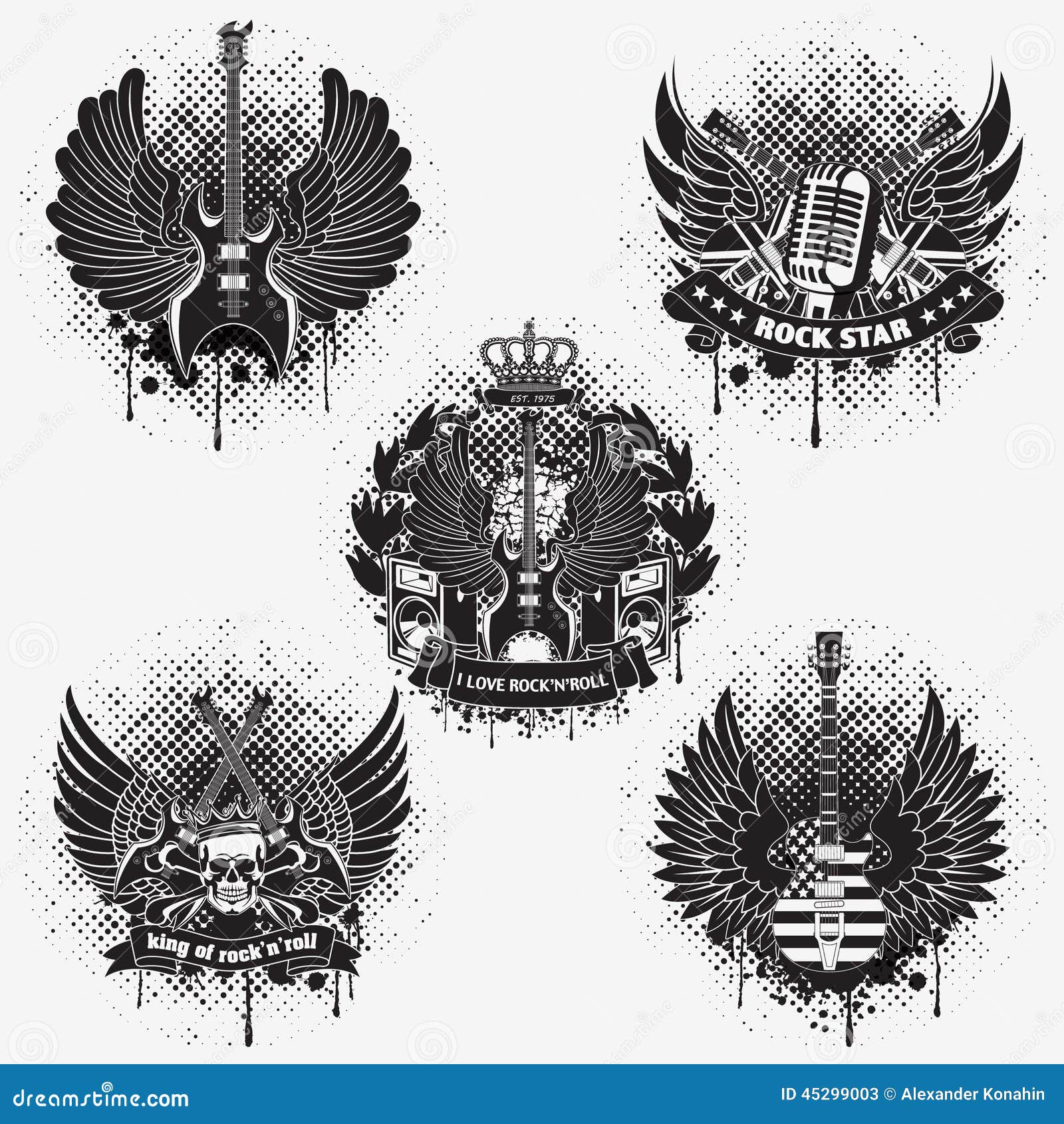 Set of Sticker on the Shirt the Image of a Guitar of Wings Stock Vector ...