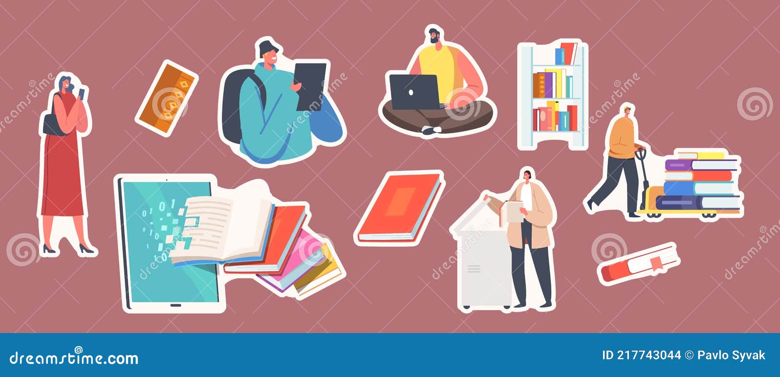 Set of Stickers Books Digitization. Librarians Scanning Pages ...