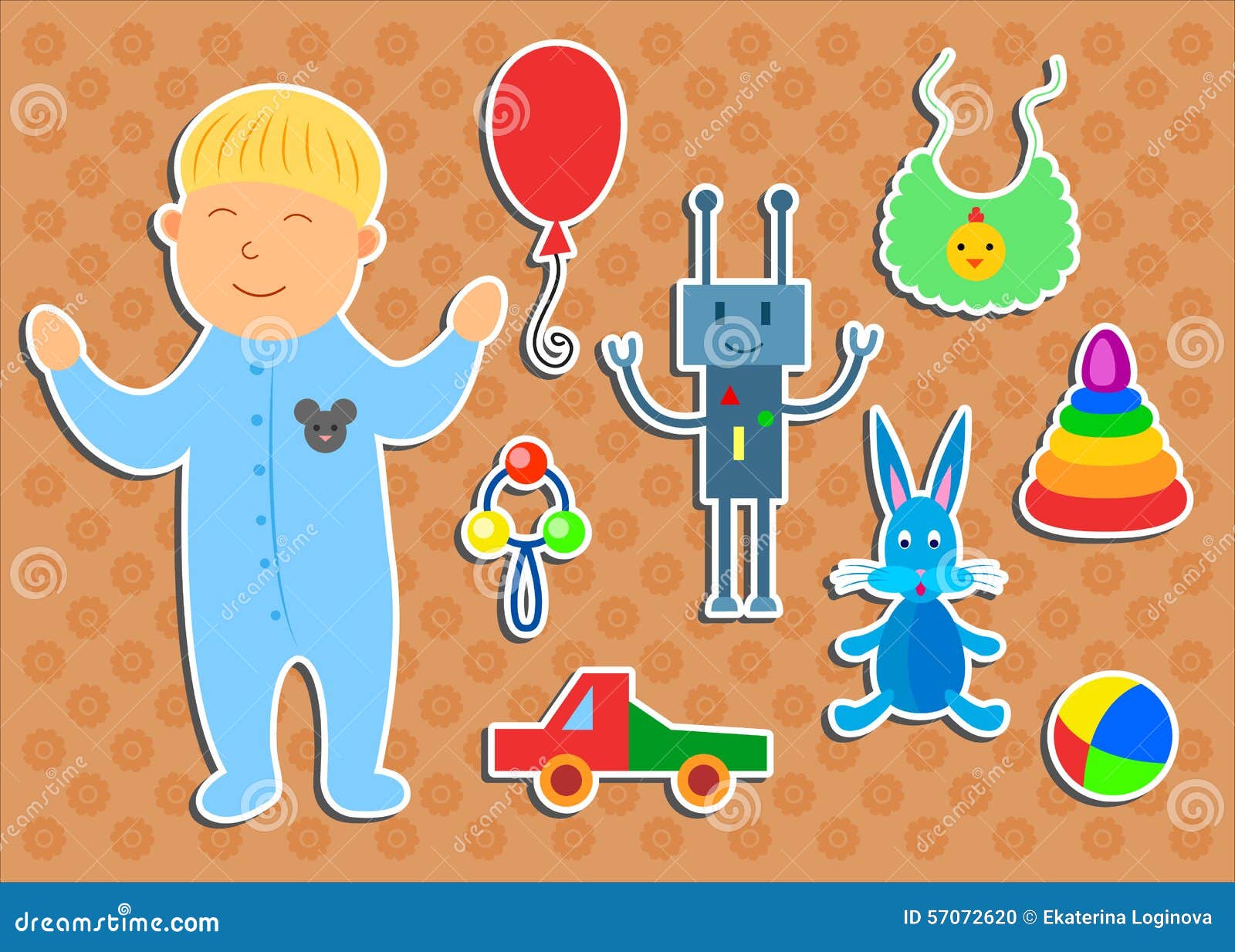 Set of Stickers with Boy and Toys. Stock Vector - Illustration of ...