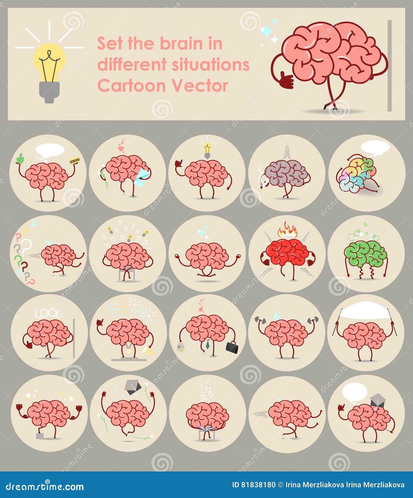 Set Stickers Brains in Different Situations Vector Cartoon Icon Stock ...