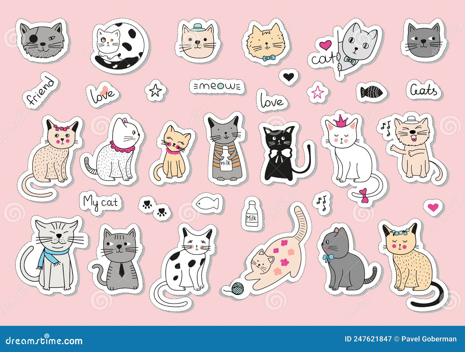 Set Stickers with Cats. Hand-drawn Vector Doodle Drawings, Cute Cats ...
