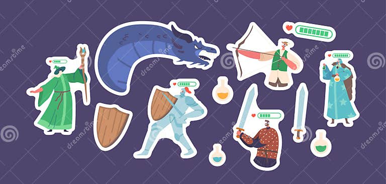Set Of Stickers Characters Wearing Virtual Reality Headset And Fantasy Costumes Playing Mmorpg
