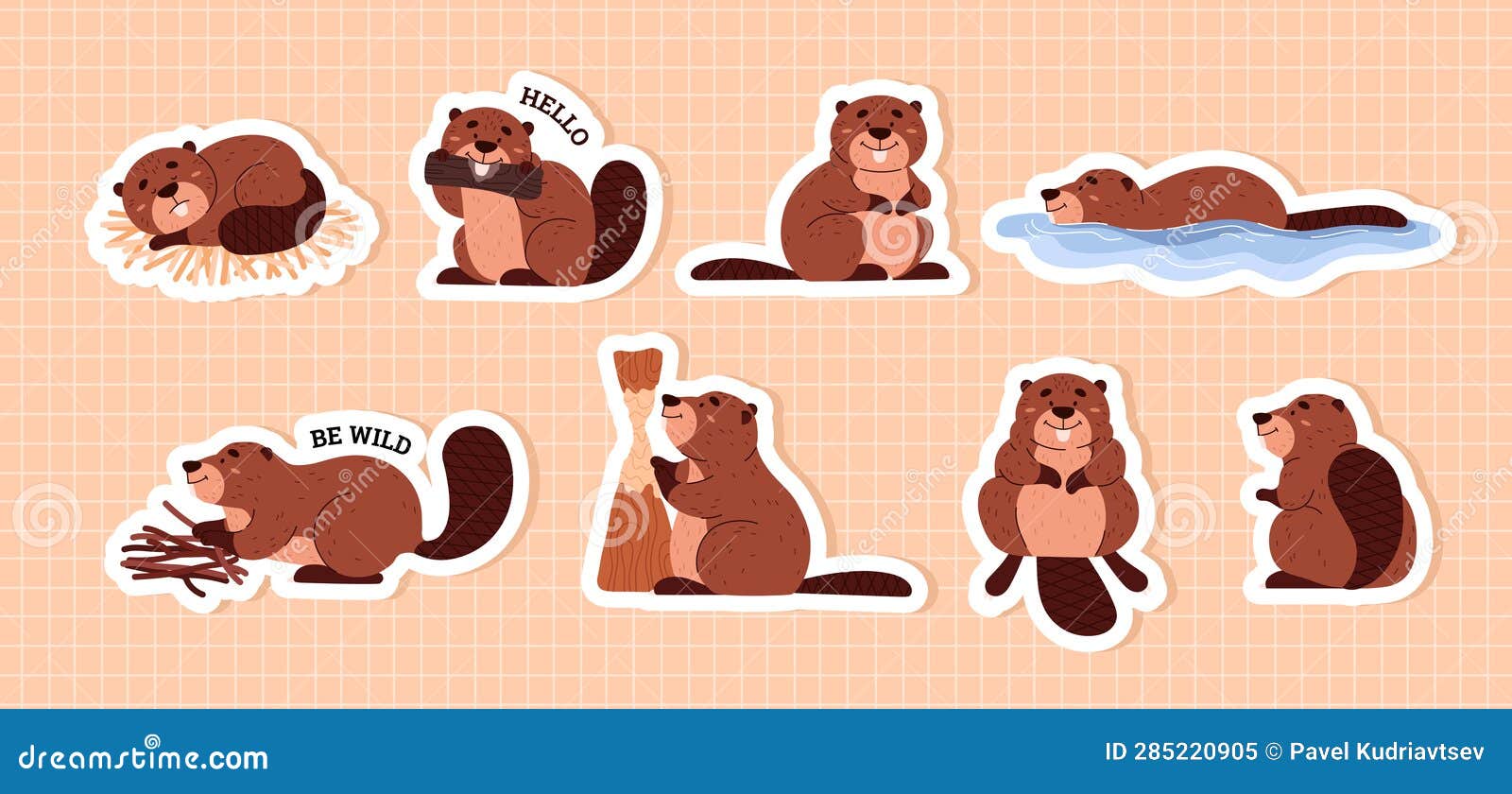 Set of Stickers with Cute Beavers Flat Style, Vector Illustration Stock ...