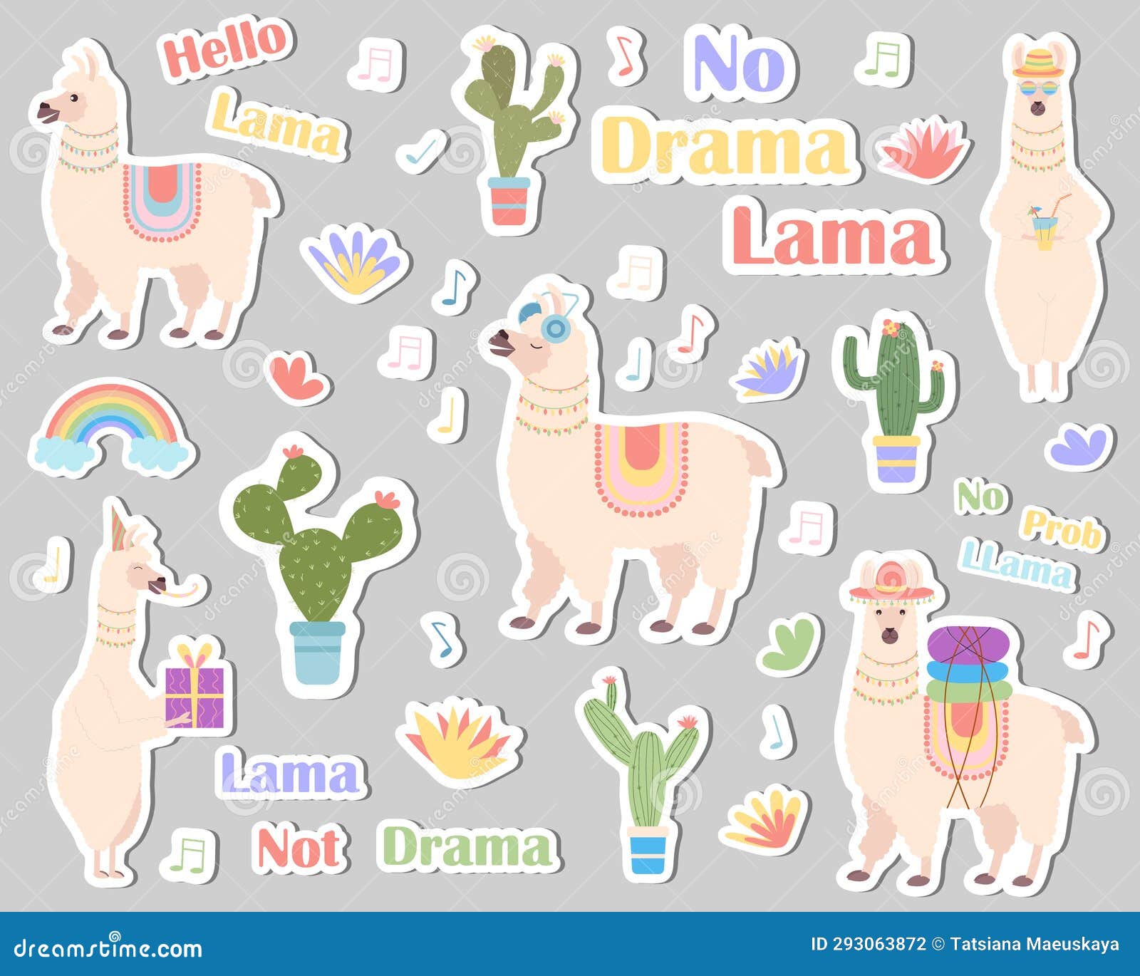 A Set of Stickers Cute Cartoon Llamas, Cacti, Rainbow. Stickers for ...