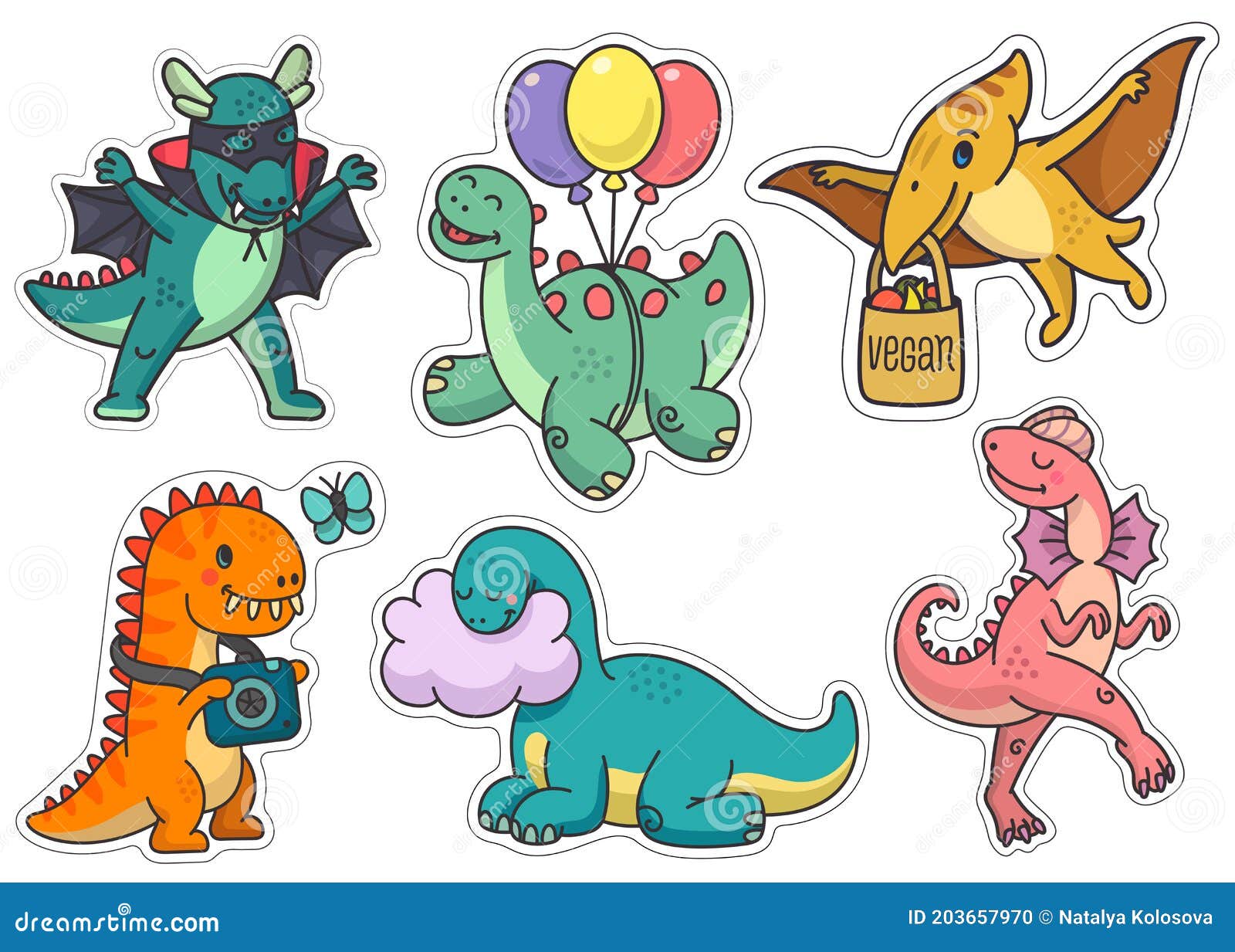 Set Of Stickers Cute Dinosaurs Of Different Types Vector Illustration ...