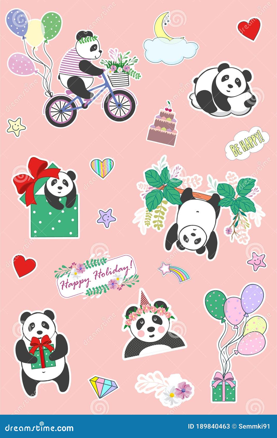 Set Stickers of Cute Little Panda in Different Poses, Vector Clipart ...
