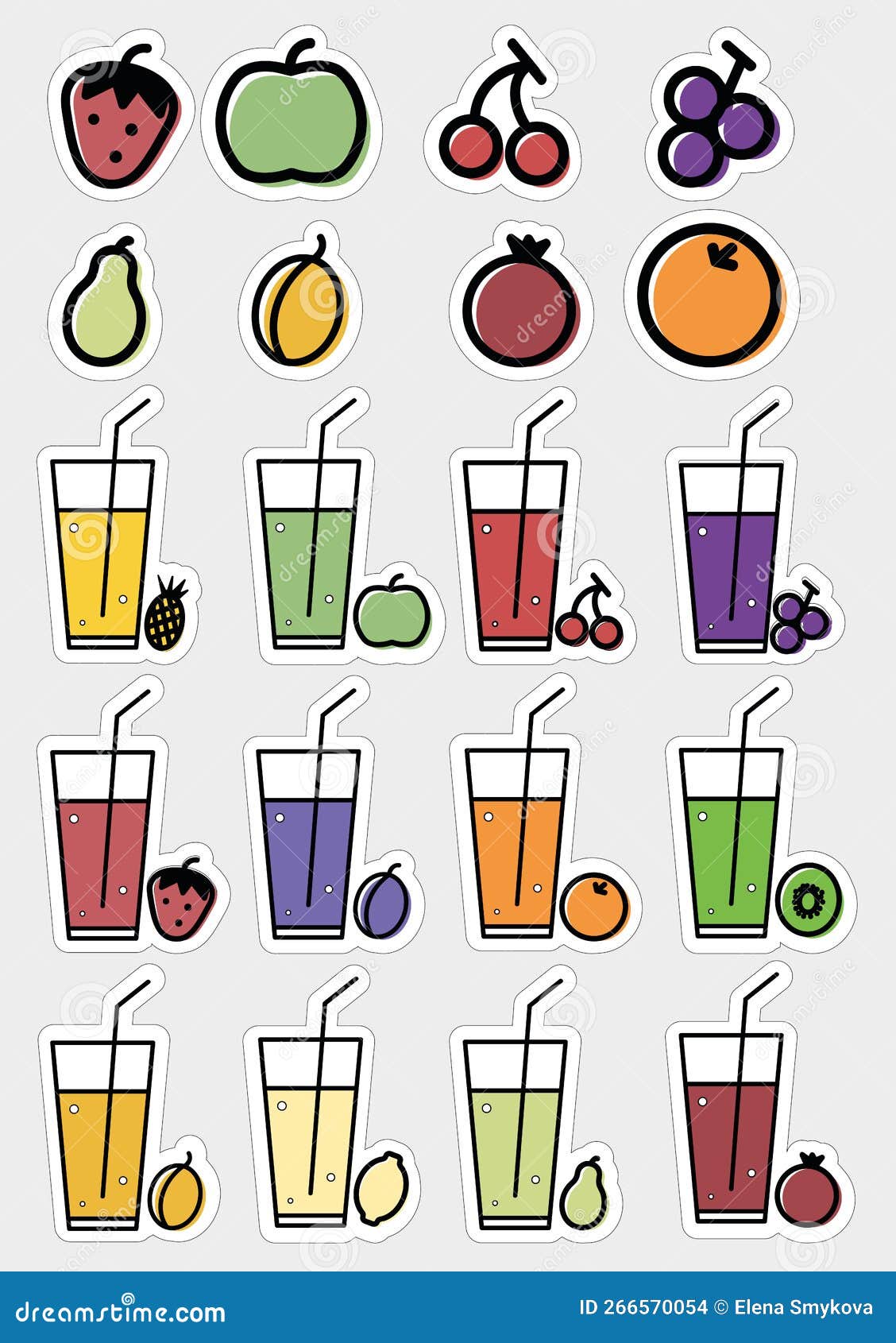 A Set Of Stickers With Fruit And Glasses With Fruit Juice Vector ...