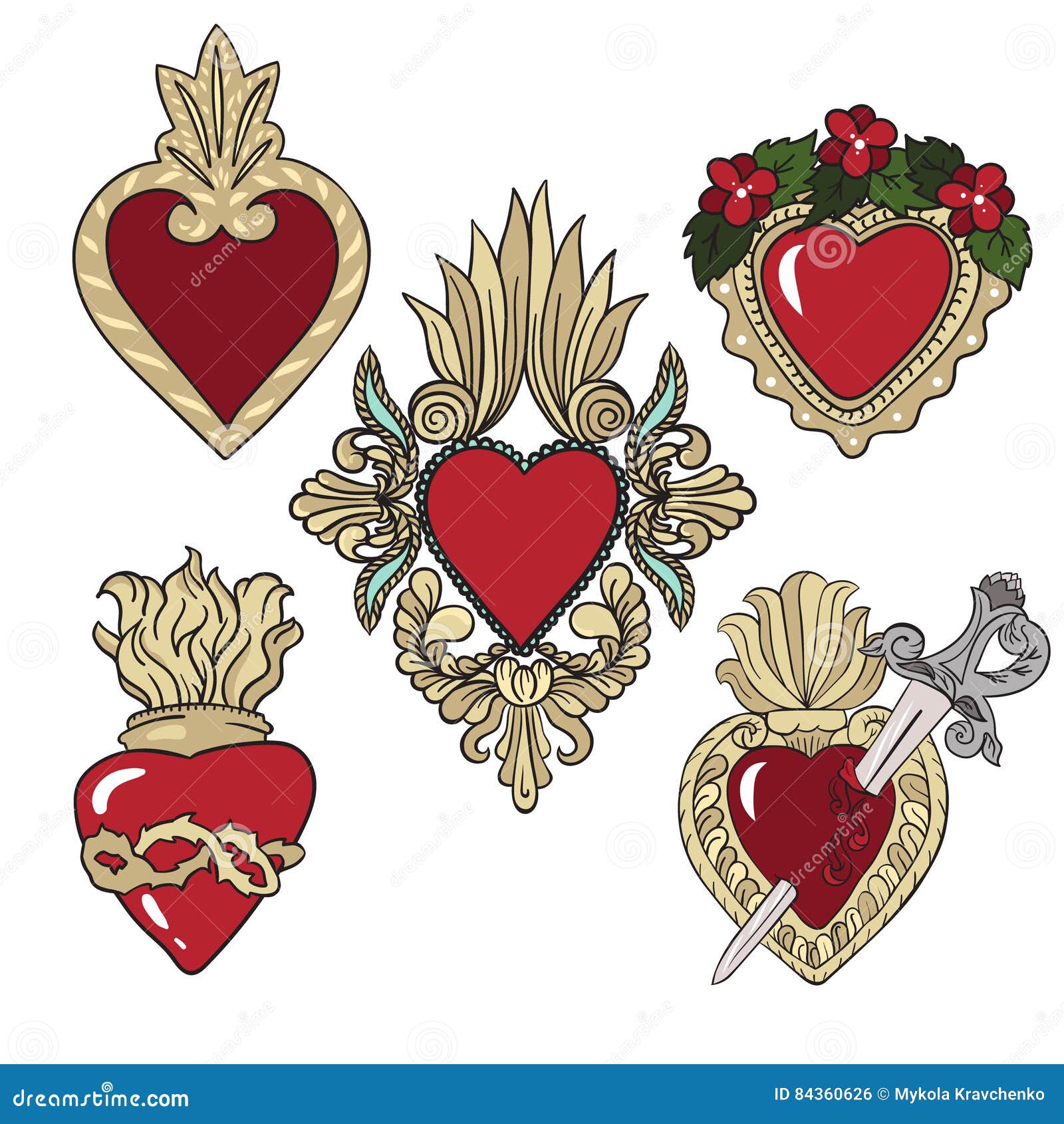 Set of Stickers with Heraldic Hearts Over White Background. Stock ...