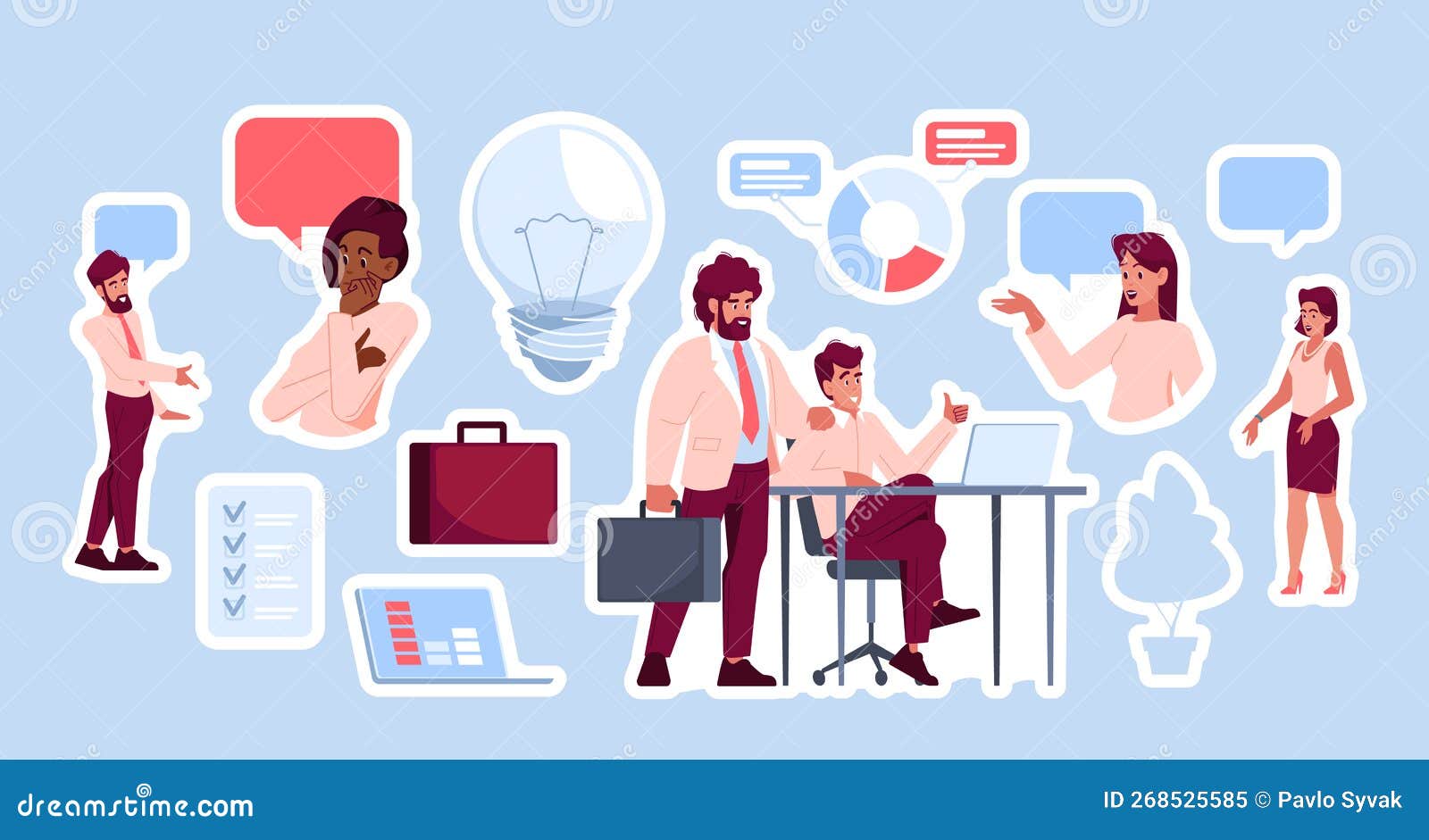 Set of Stickers Office Workers Consider Work Issues. Task Performing ...