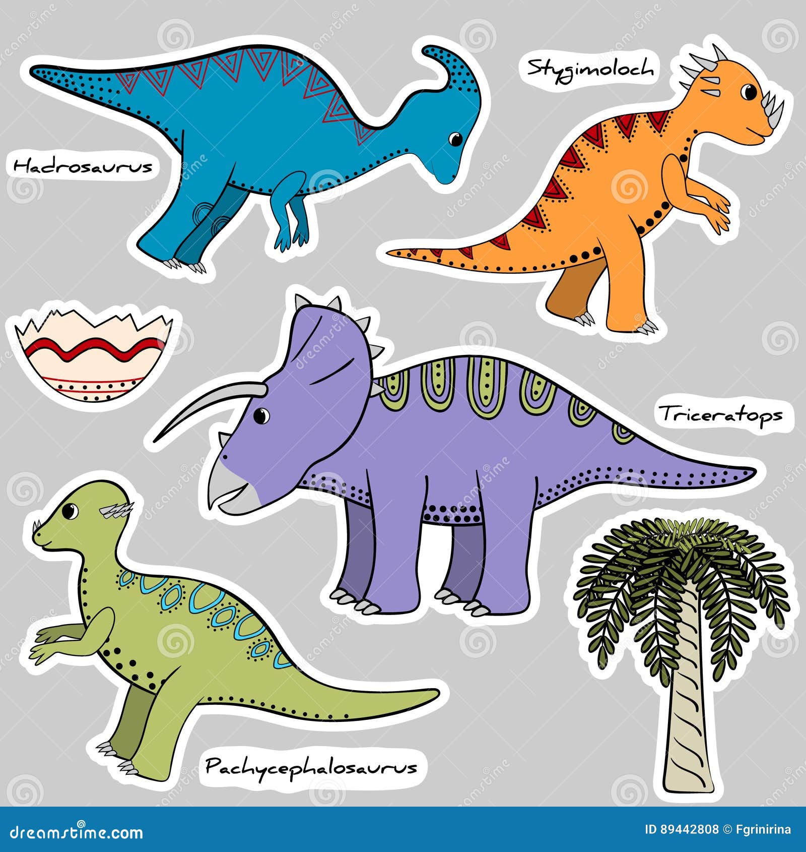 Set of Stickers Stylized Dinosaur Stock Vector - Illustration of black ...