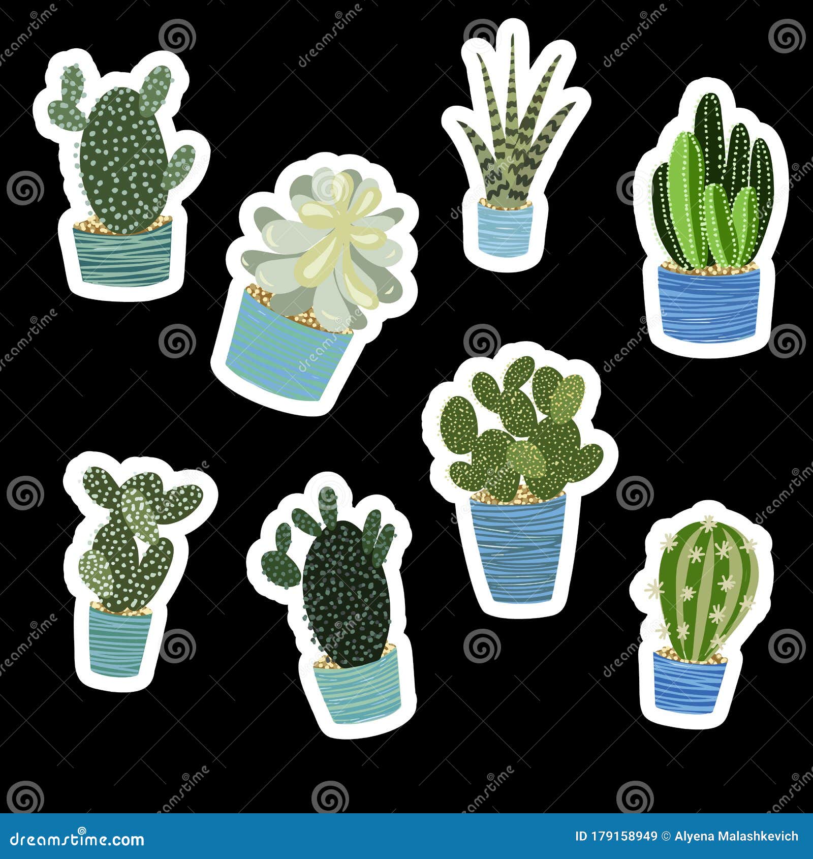 Set of Stickers with Vector Cacti. Flat-style Illustration Stock ...
