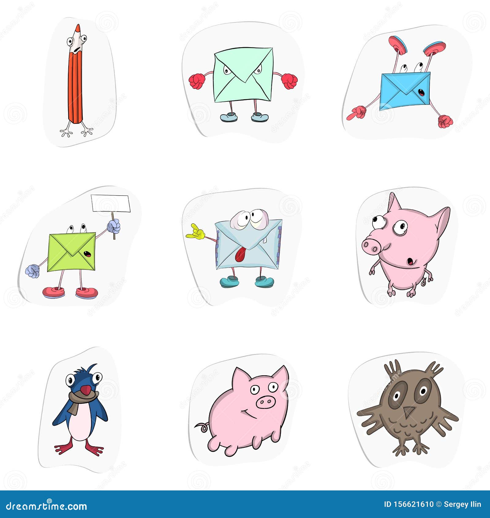 Set of Stickers. Vector Collection of Funny Cartoon Envelopes and ...
