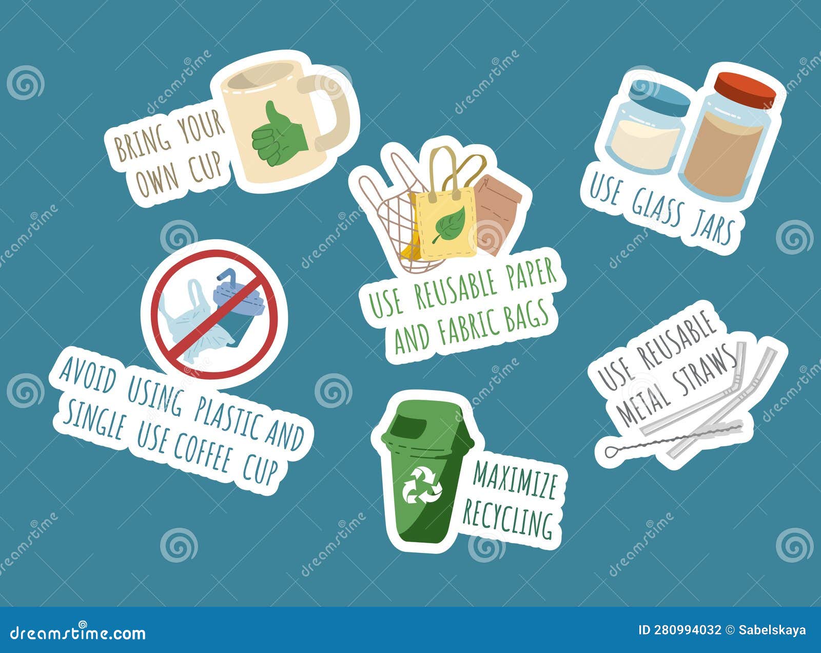 Set of Stickers about Zero Waste Flat Style, Vector Illustration Stock Vector - Illustration of ...
