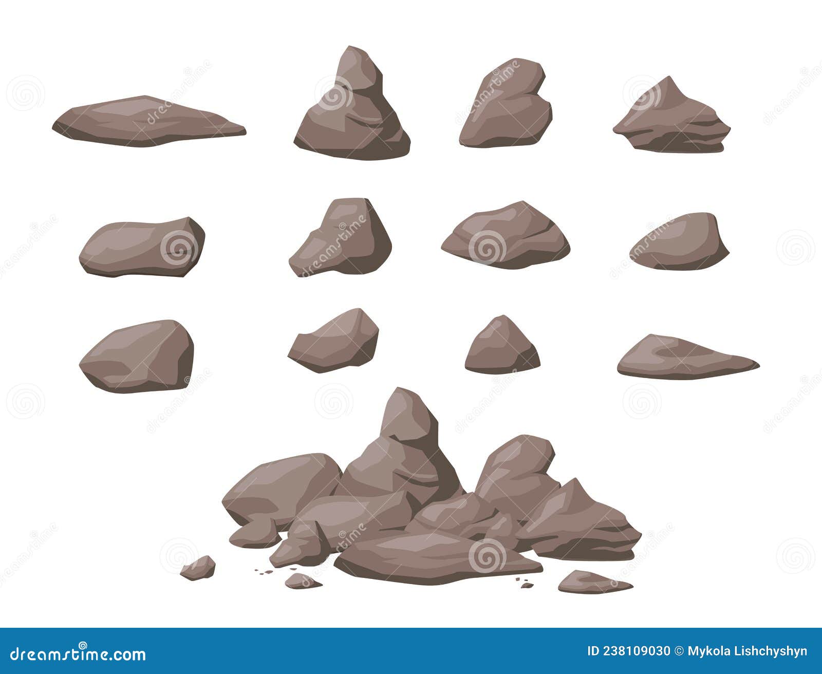 Set of Stone Different Form on White Background. Vector a Pile of Brown ...