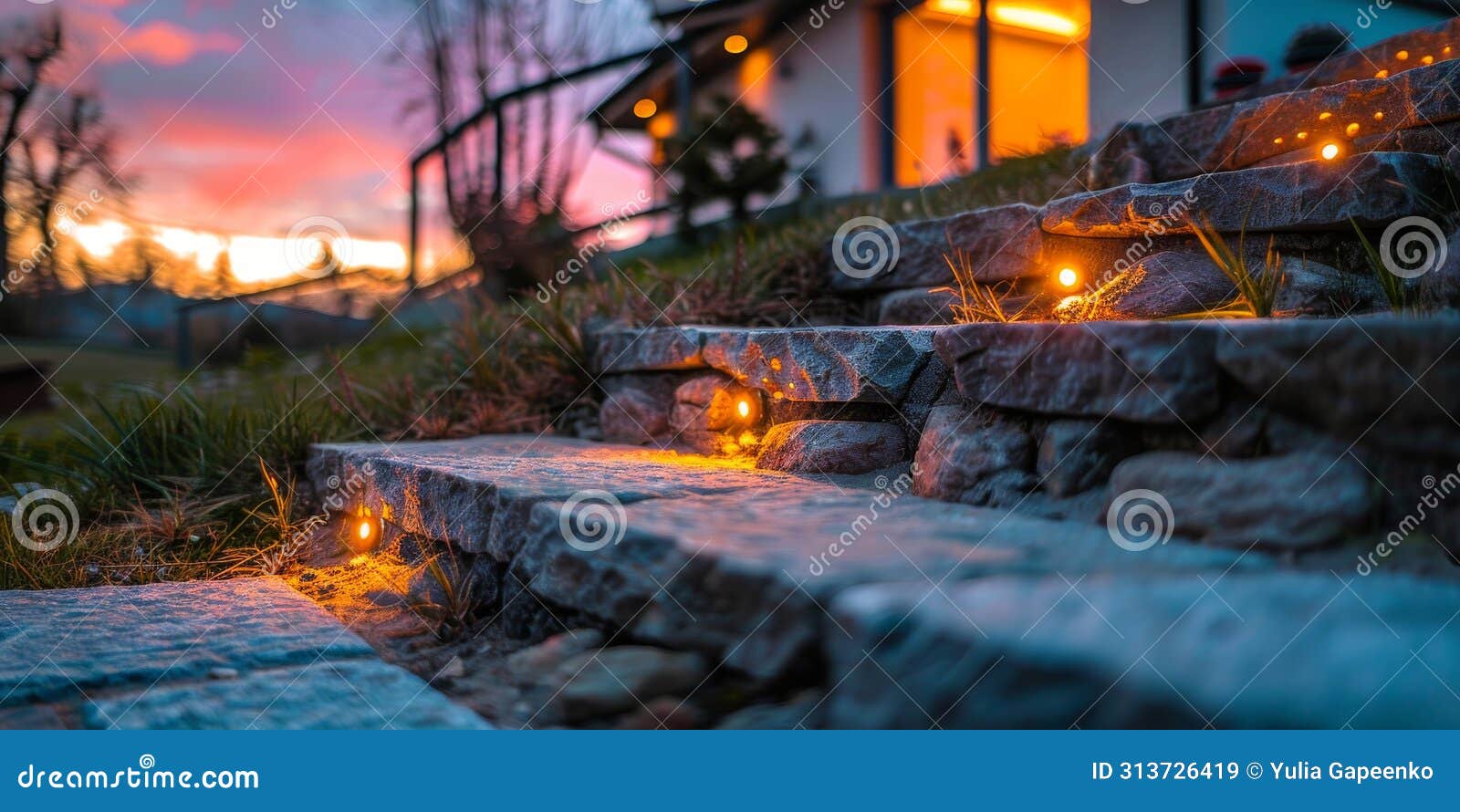 Illuminated Stone Steps stock image. Image of time, glow - 313726419