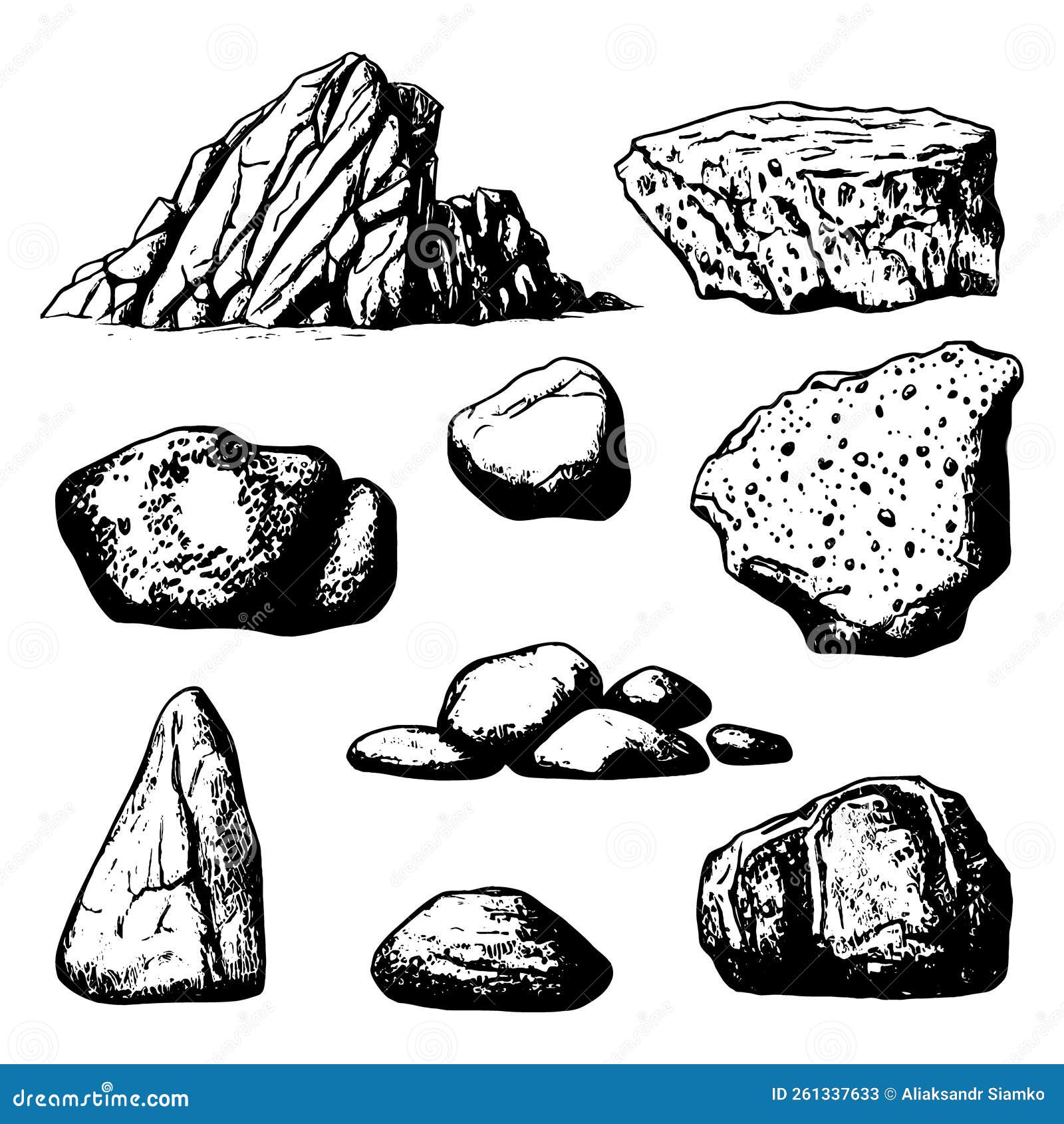 Set of Stones and Rocks, Hand Drawn Illustration Stock Vector ...