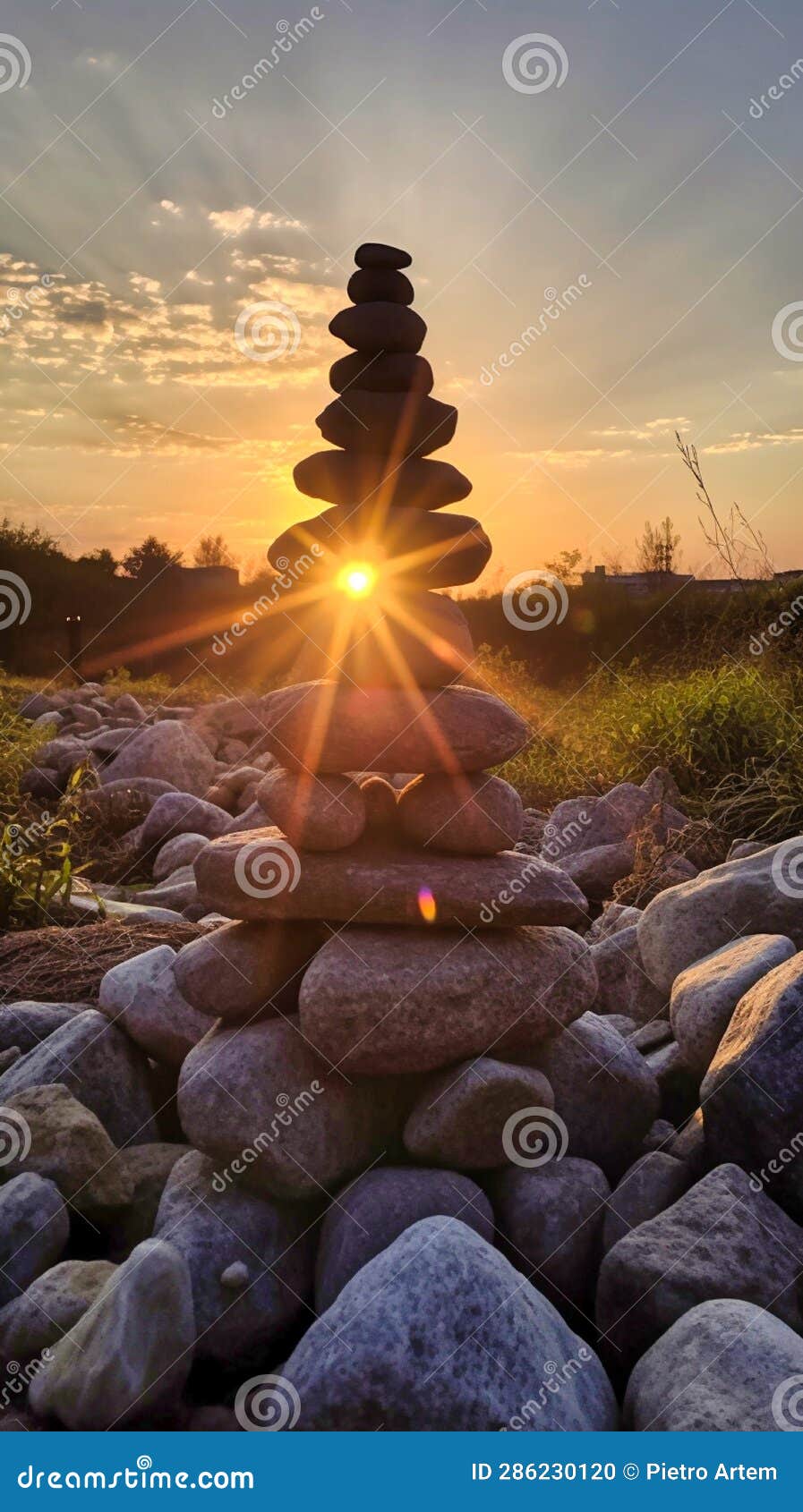 A Set of Stones with Sun Coming into View at Sunse, Generative AI Stock ...