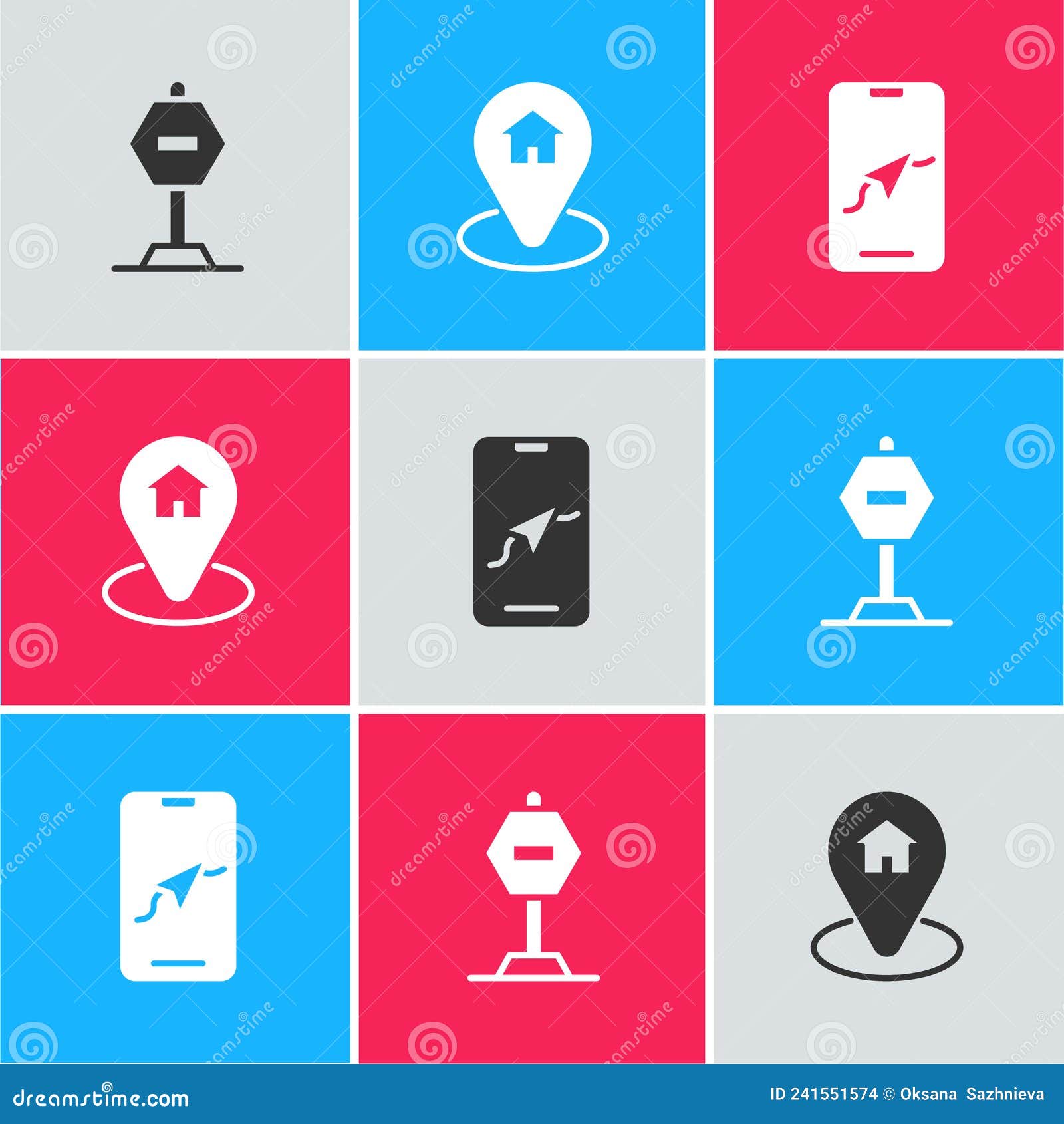 Set Stop Sign, Location with House and City Map Navigation Icon. Vector ...