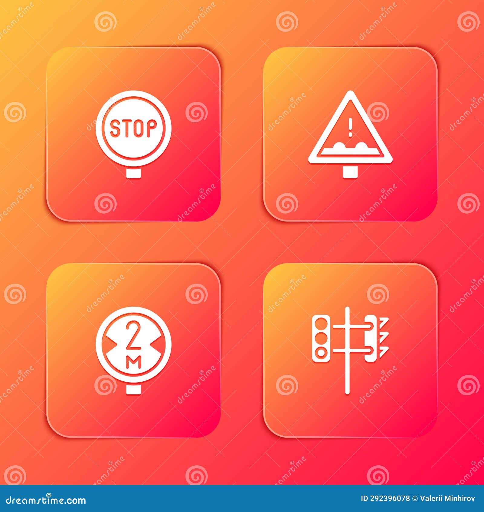Set Stop Sign, Uneven Road Ahead, Road Traffic and Traffic Light Icon ...