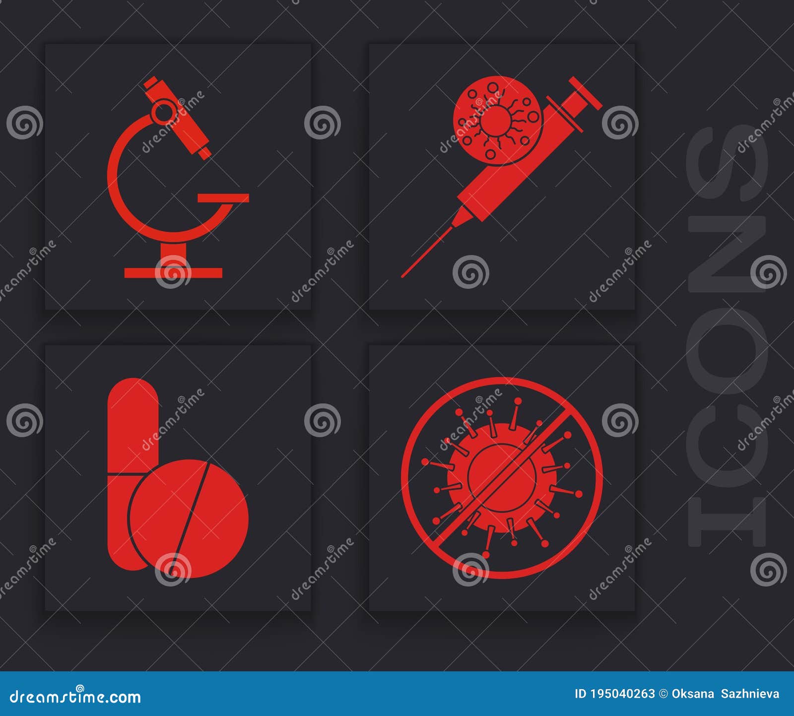 Set Stop Virus, Microscope, Syringe and Virus and Medicine Pill or ...