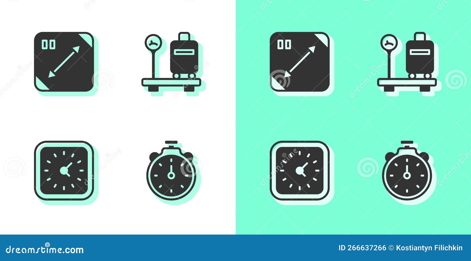 Set Stopwatch, Diagonal Measuring, Clock and Scale with Suitcase Icon ...