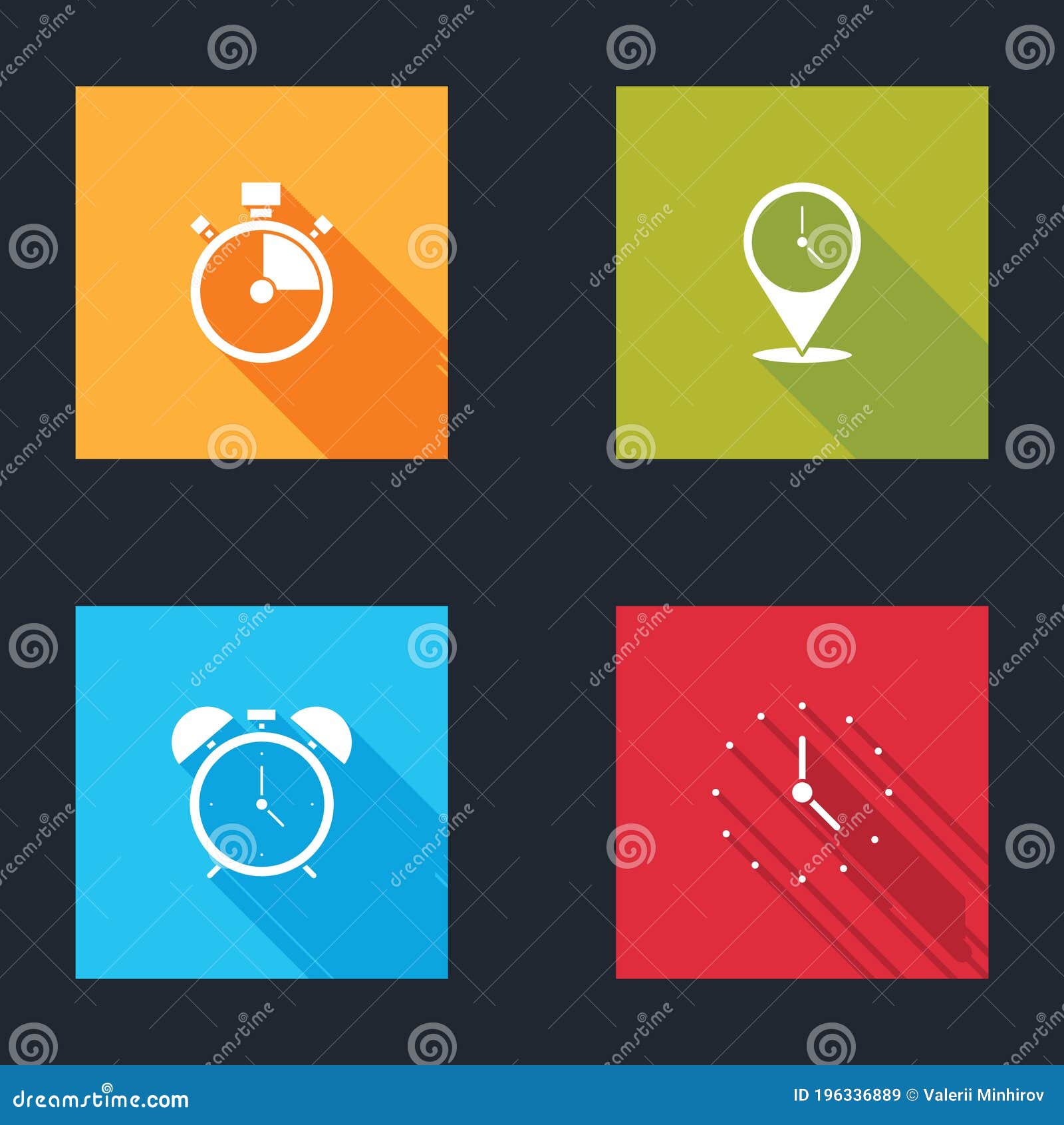 Set Stopwatch, Location with Clock, Alarm and Clock Icon. Vector Stock ...