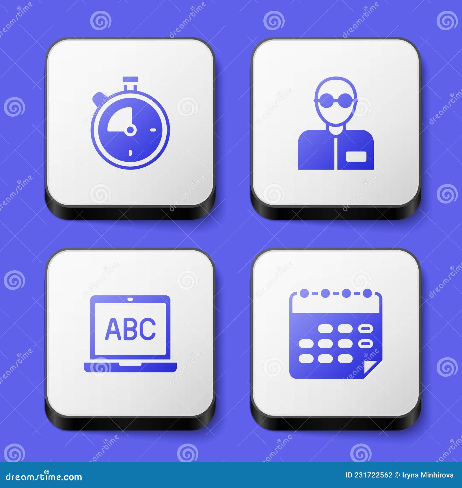 Set Stopwatch, Teacher, Laptop and School Timetable Icon. White Square ...