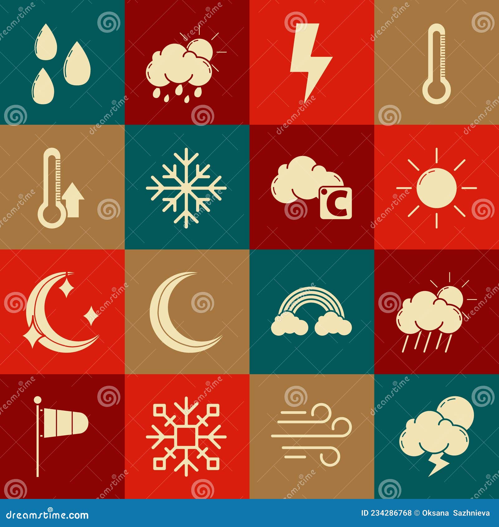 Set Storm, Cloud with Rain and Sun, Sun, Lightning Bolt, Snowflake ...