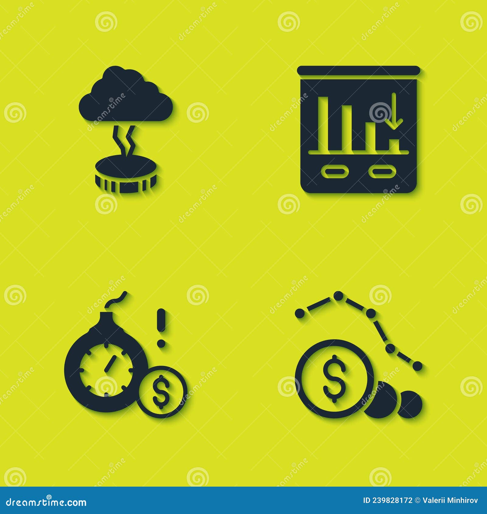Set Storm, Dollar Rate Decrease, Money Bomb Dollar Crisis and Pie Chart Infographic Icon. Vector ...