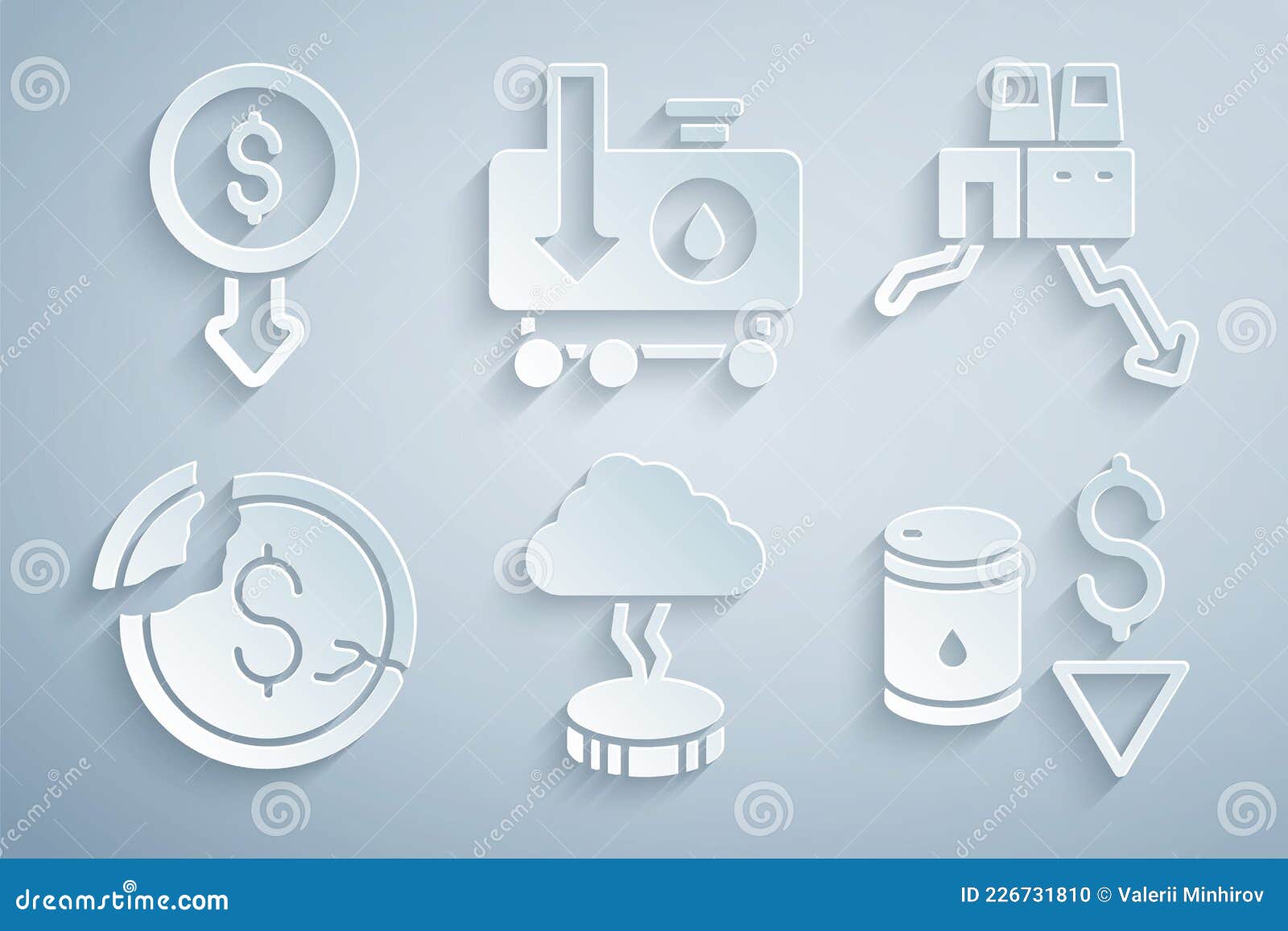 Set Storm, Shutdown of Factory, Dollar Rate Decrease, Drop in Crude Oil Price, and Icon. Vector ...