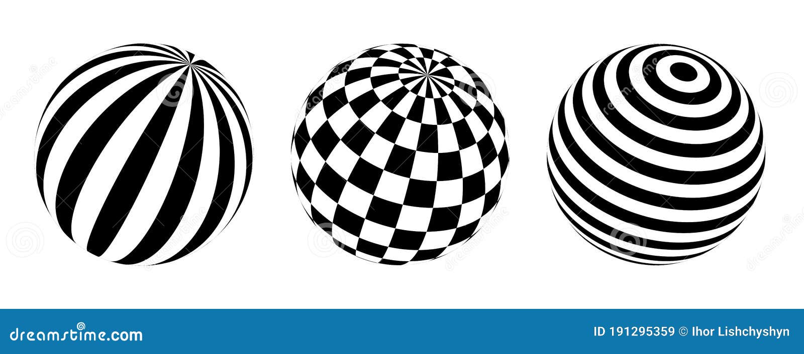 Set of Striped Spheres. Balls Whith Black and White Lines. Vector ...