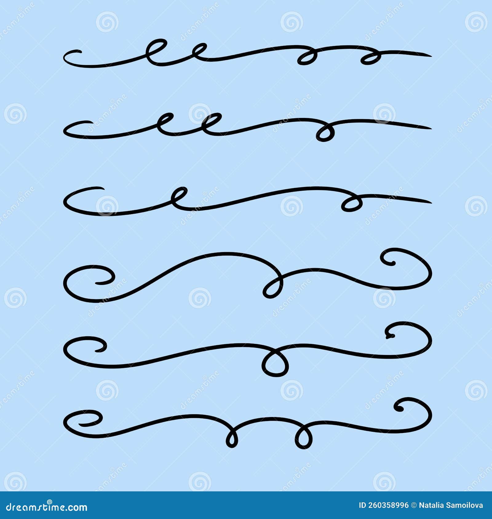 A Set of Strokes, Vector Separators with Curls, Hand-drawn Black Line ...