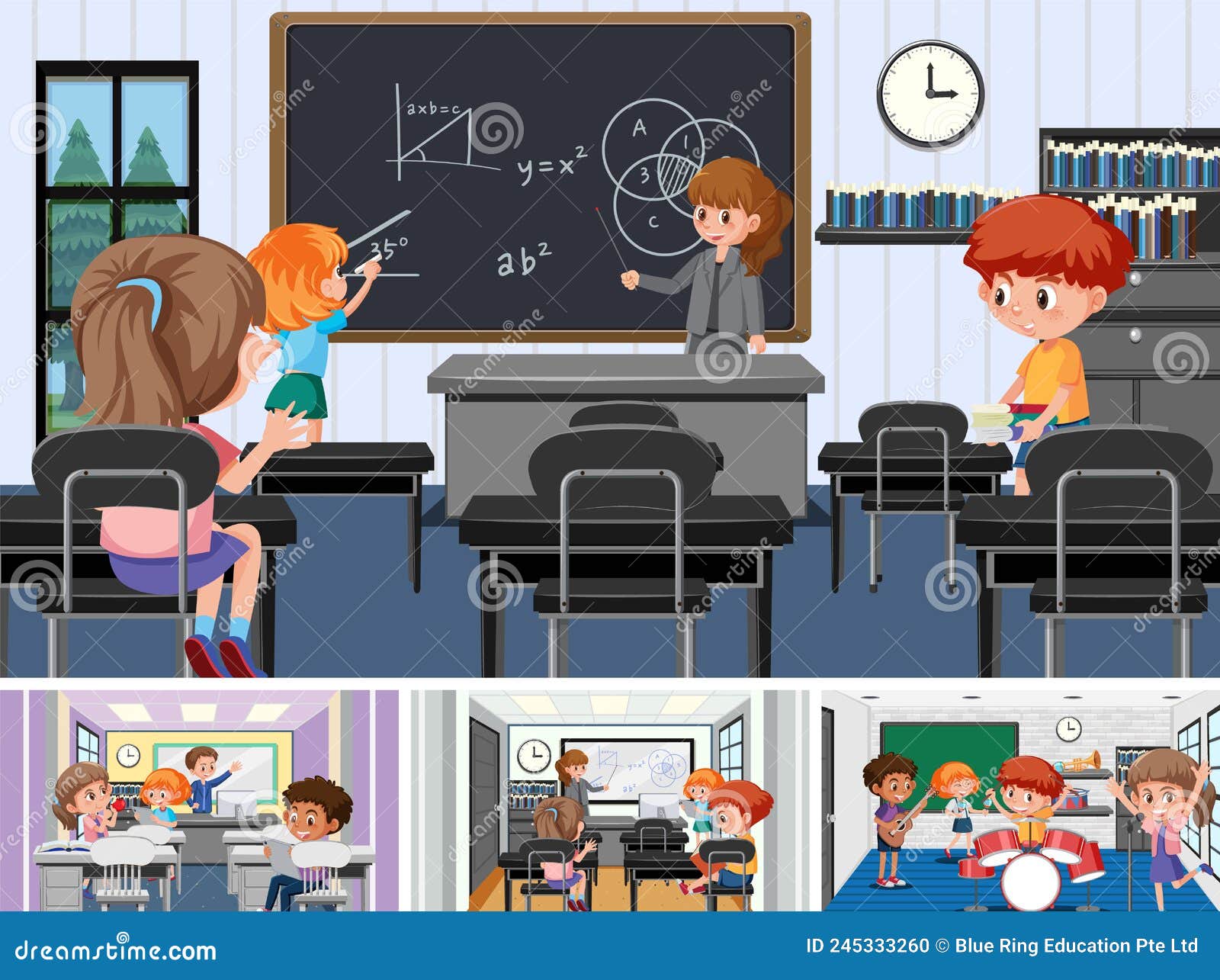 Set of Student in the Classroom Scene Stock Vector - Illustration of ...