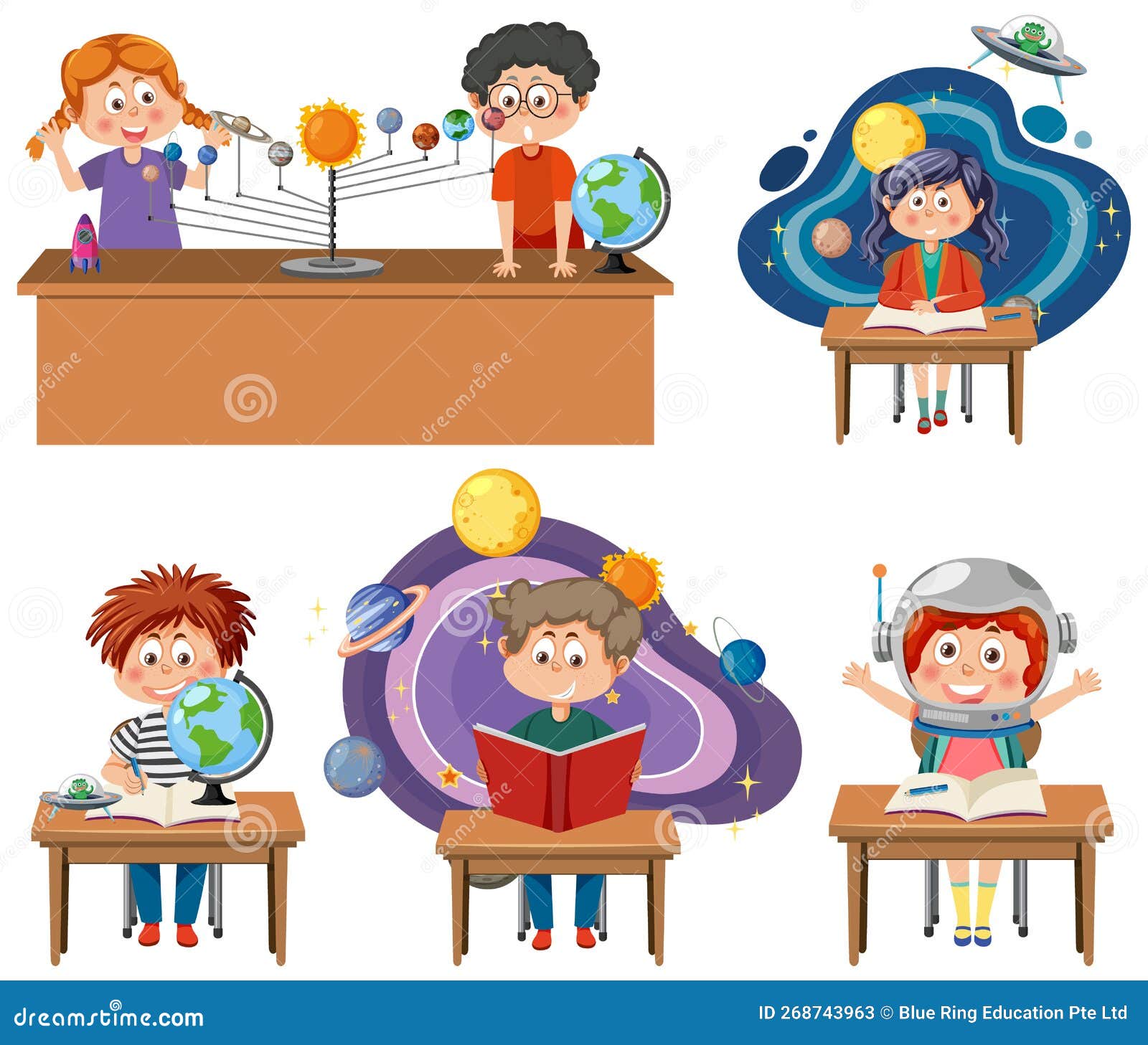 Set of Student Kids Learning Astronomy Stock Vector - Illustration of ...