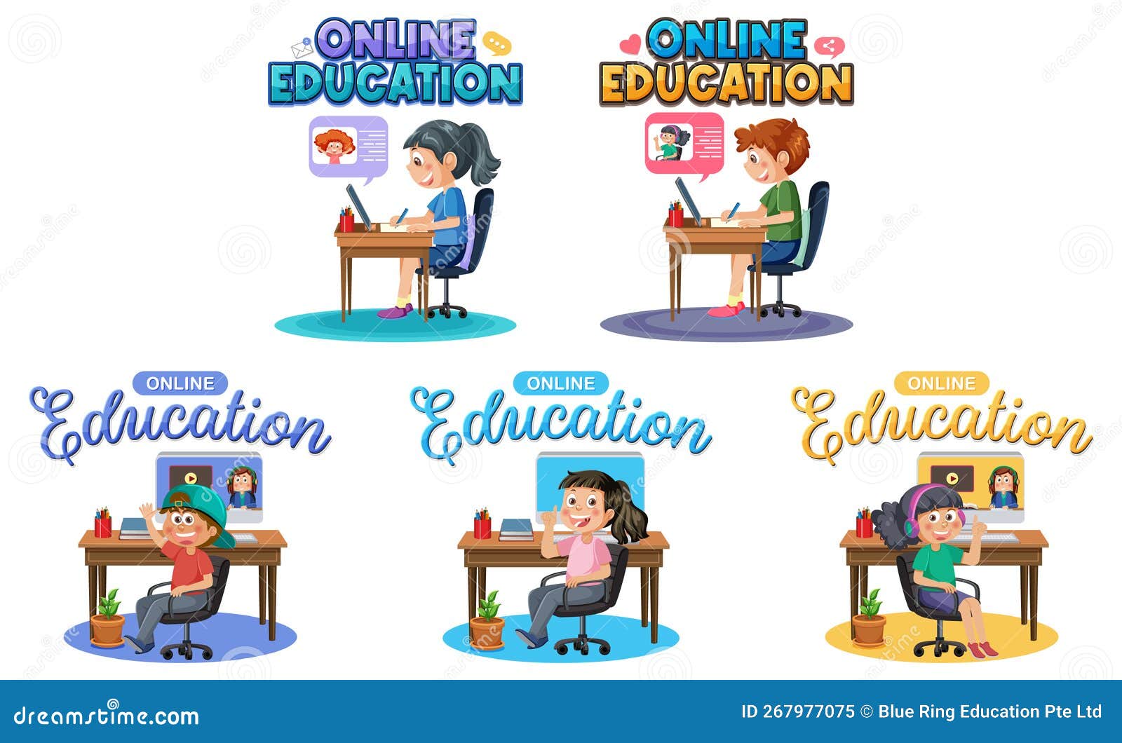 Set of Student Learning Online Using Computer Stock Vector ...
