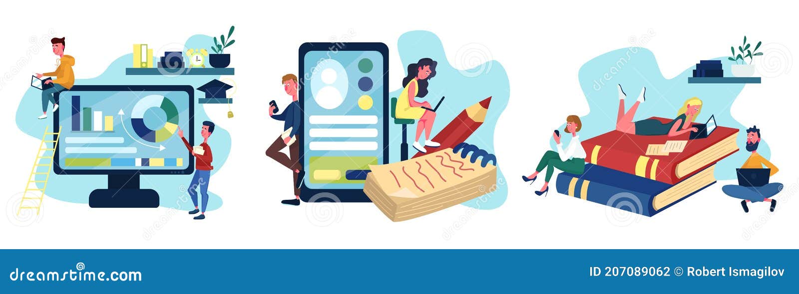 Set of student studying stock vector. Illustration of book - 207089062