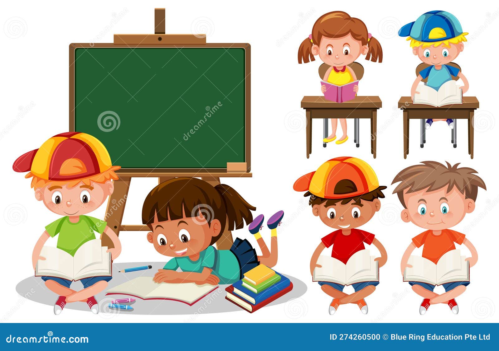 Set of Students Cartoon Character Learning Stock Vector - Illustration ...