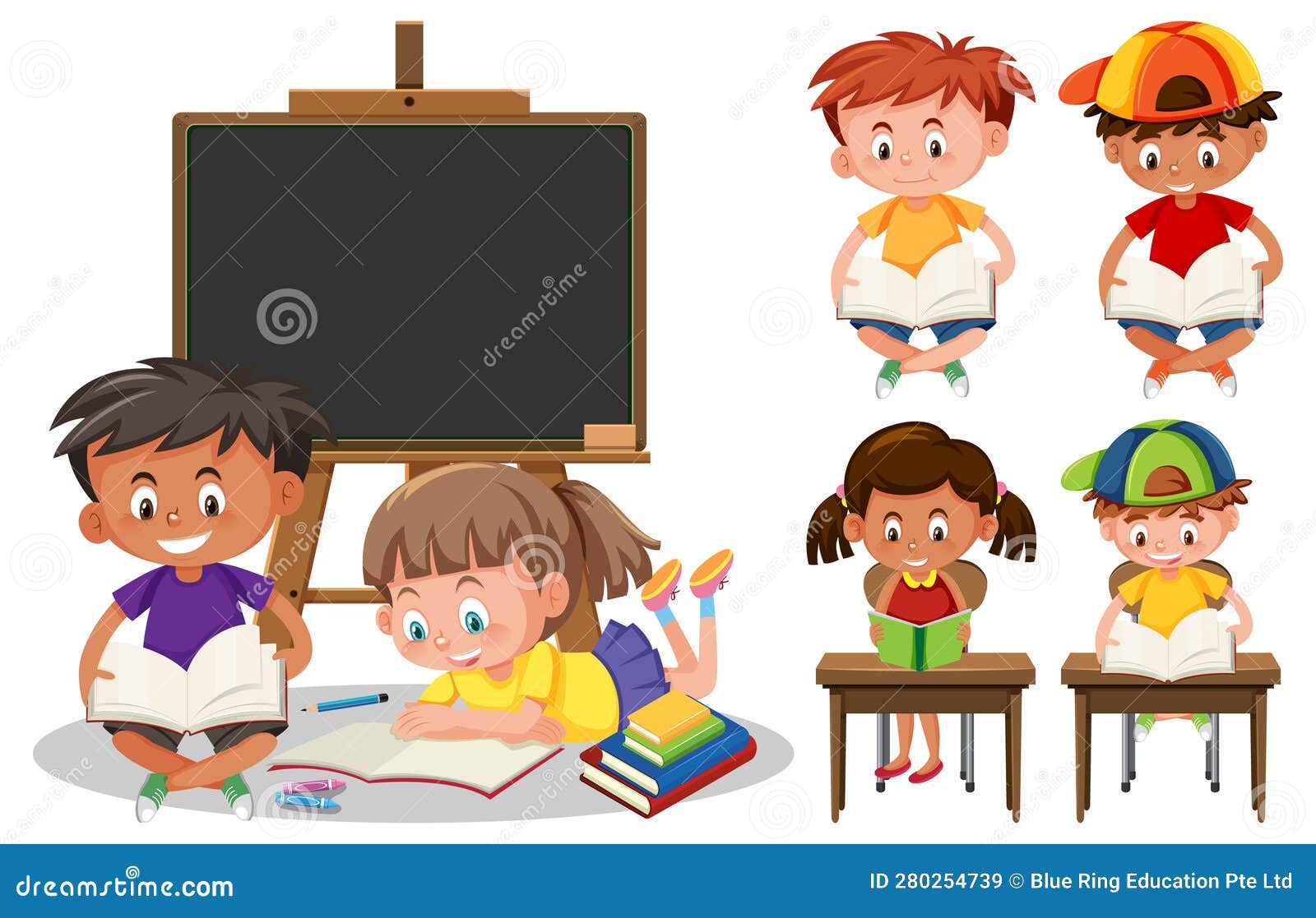 Set of Students Cartoon Character Learning Stock Illustration ...
