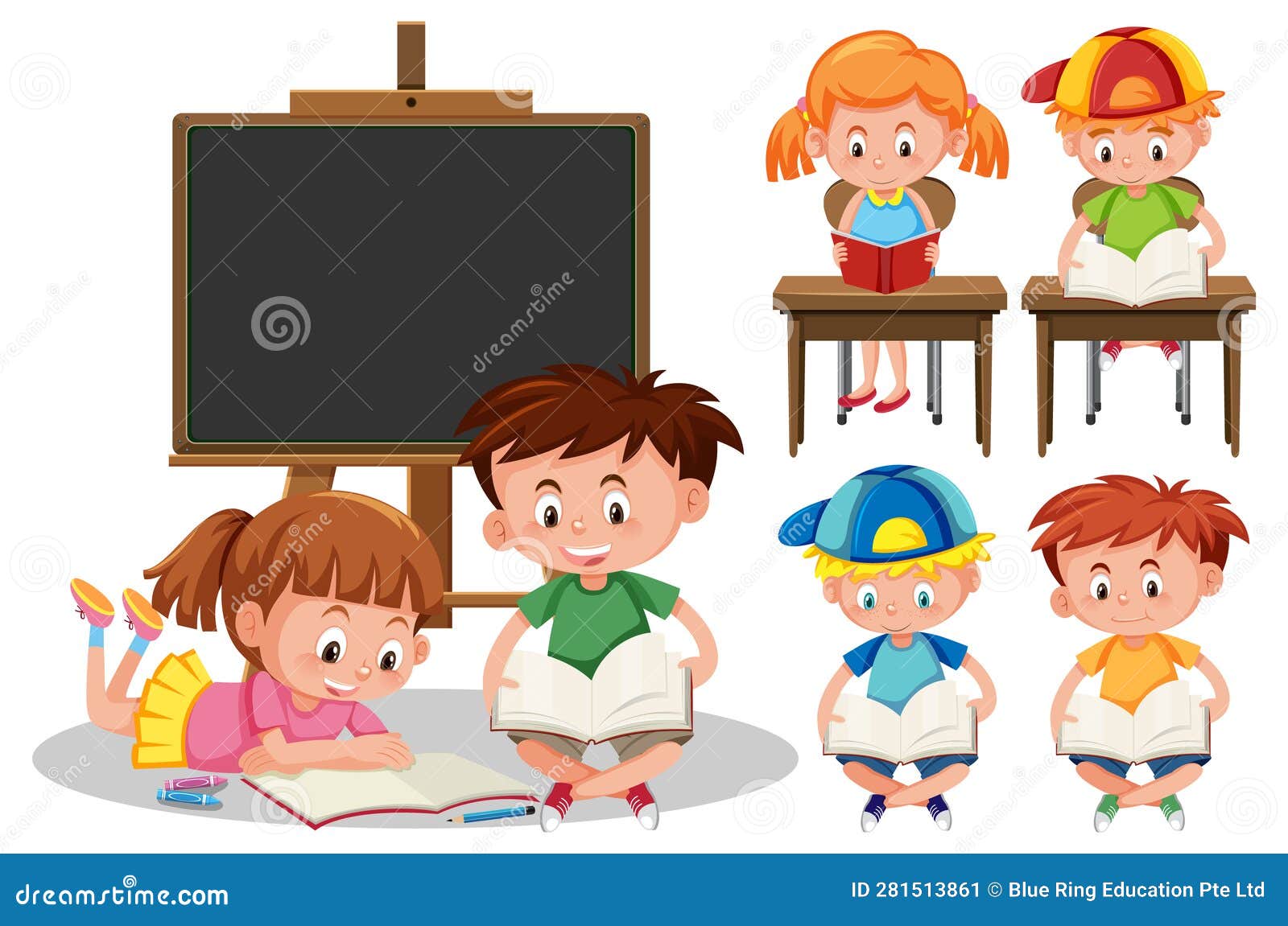 Set of Students Cartoon Character Learning Stock Vector - Illustration ...