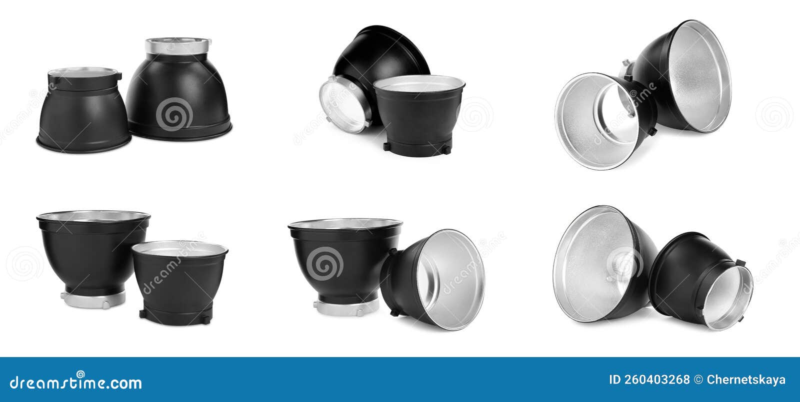 Set with Studio Flash Light Reflectors on White Background. Banner ...