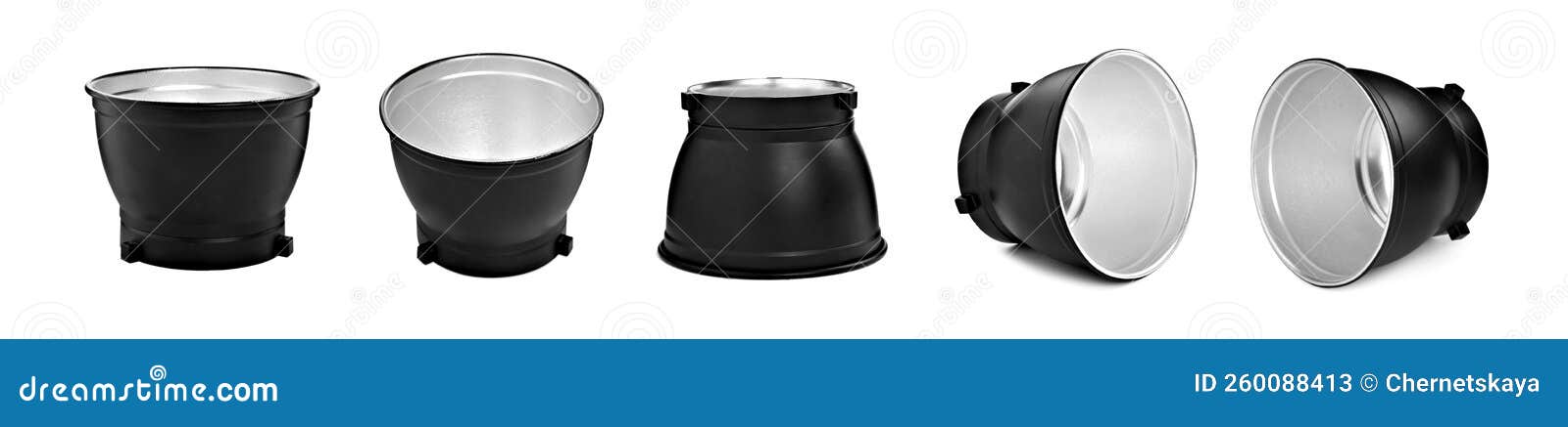 Set with Studio Flash Light Reflectors on White Background. Banner ...
